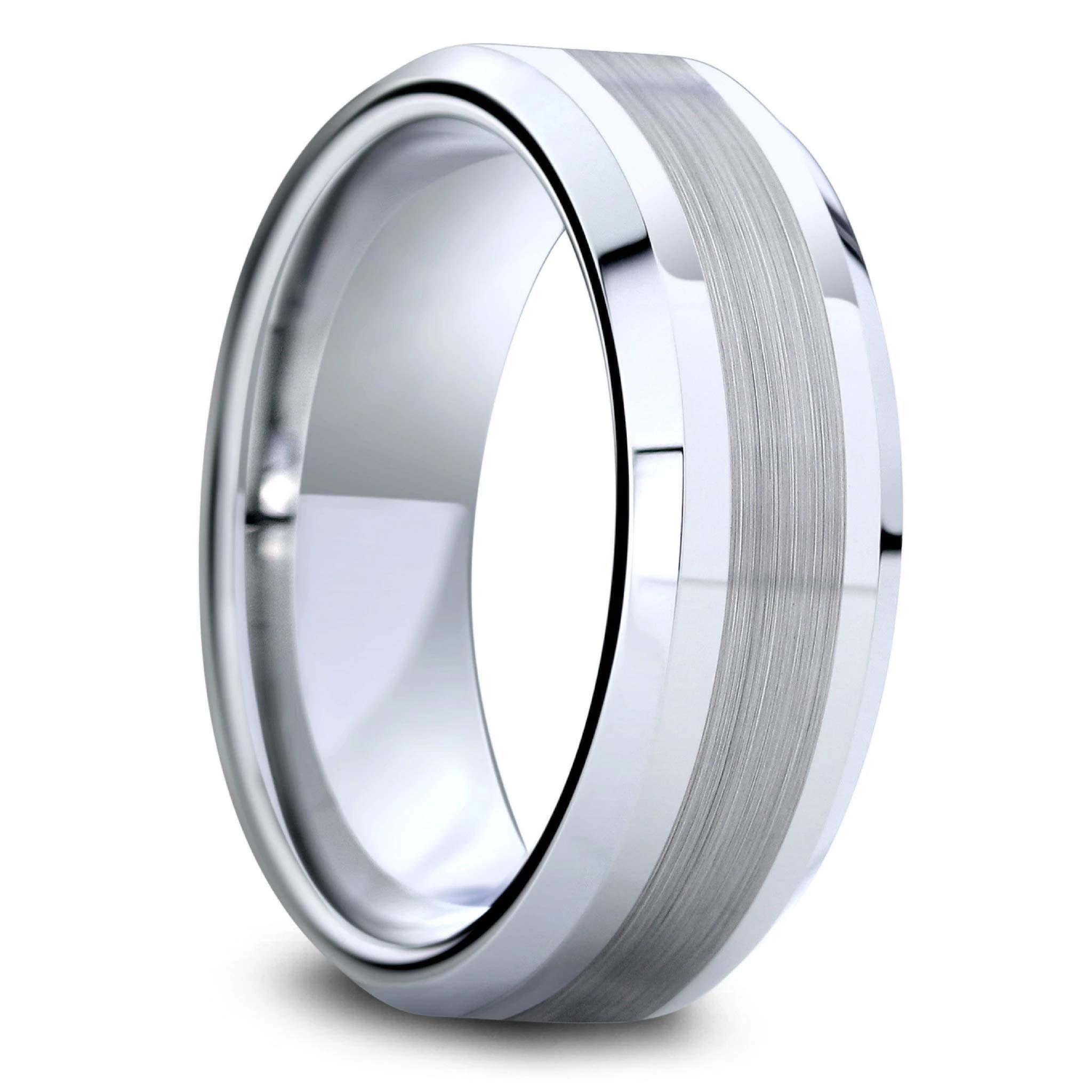 MTERO Tungsten Carbide 8 mm (5/16 in) Comfort Fit Flat Wedding Band Ring with Brushed Center & Polished Beveled Edge Two-Tone (Sizes 8 to 11) (10)