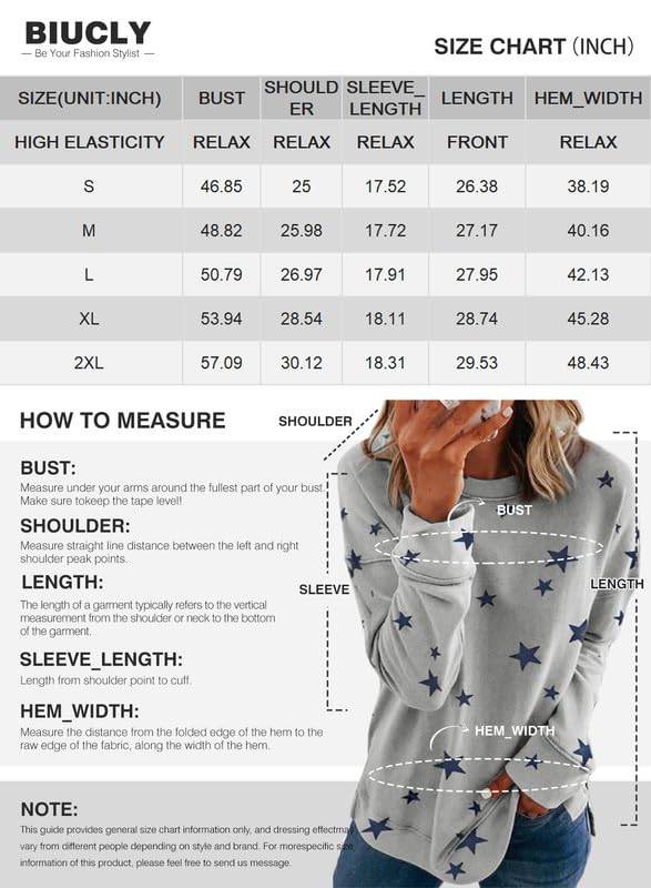SHEWIN Womens Casual Fashion Crewneck Sweatshirt Loose Star Printed Long Sleeve Tee Shirts Lightweight Soft Oversized Sweatshirts Pullover Tops Shirt,US 12-14(L),Black