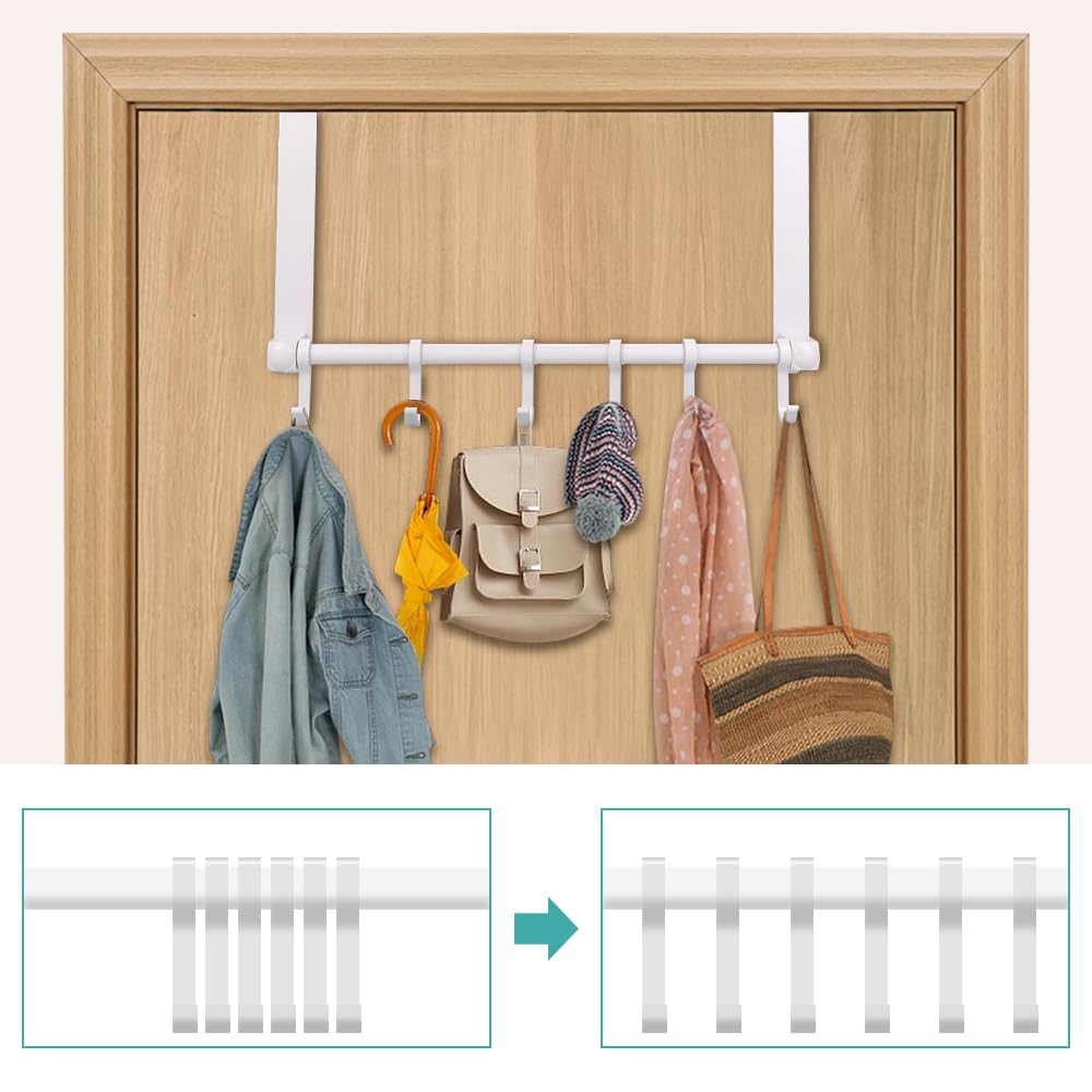 MGahyi Over The Door Hooks Hanger, Moving 6-Hooks,Over Door Towel Rack,Door Coat Hanger, Upgraded Long Arms for Bathroom Accessories (White)