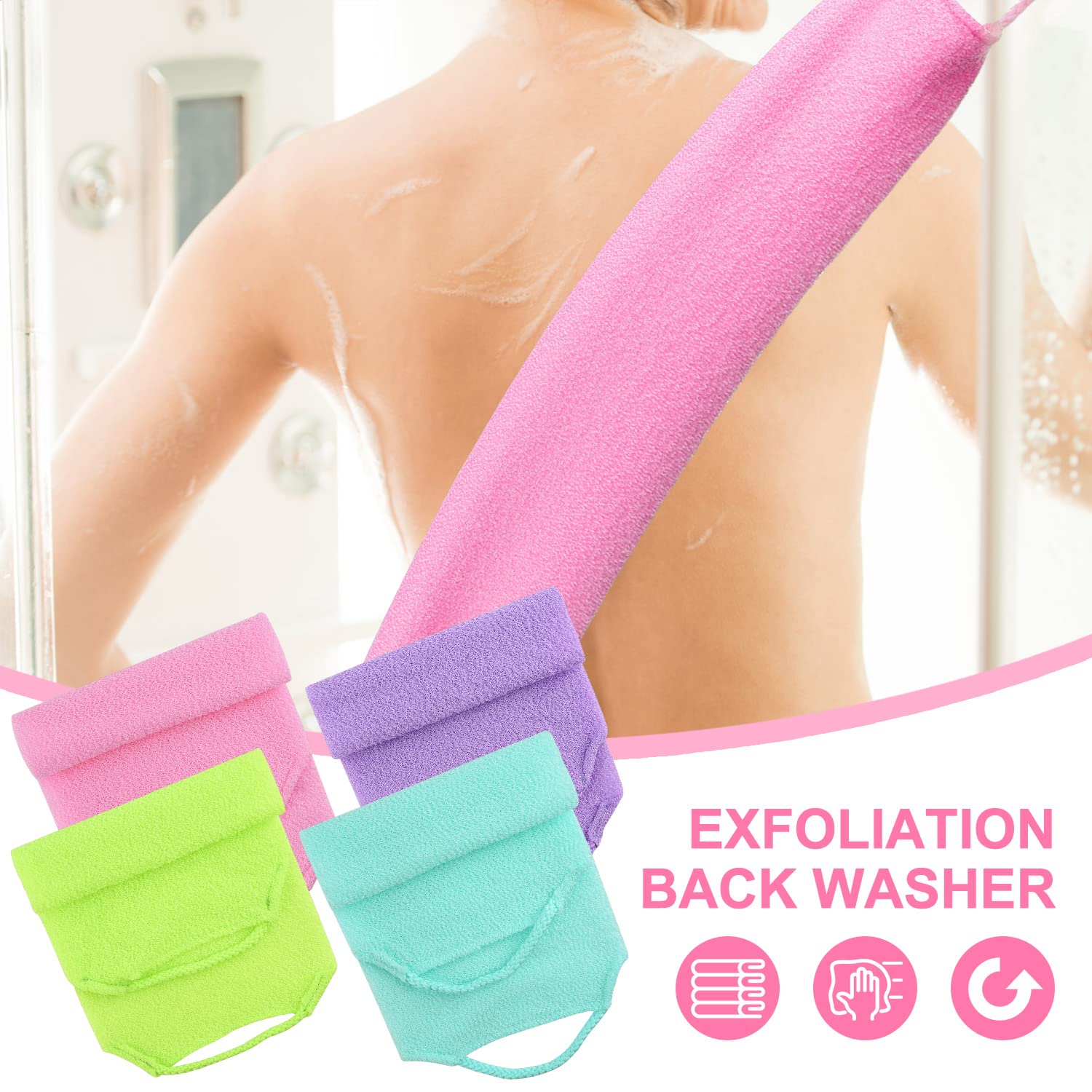 WXJ13 4 Packs Nylon Back Exfoliator, Exfoliating Back Scrubber with Handles, Exfoliating Towel Body Exfoliator Back Washer Scrubber Stretchable Pull Strap Exfoliating Washcloth for Body Shower