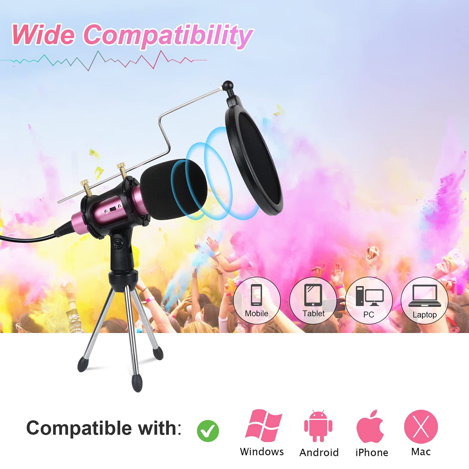 MSIZOY 3.5mm Condenser Microphone, Studio Recording Microphone w/Stand for Phone Computer Laptop Windows Mini Mic for YouTube Podcast Singing Video Live Stream Conference Facebook (Blue)
