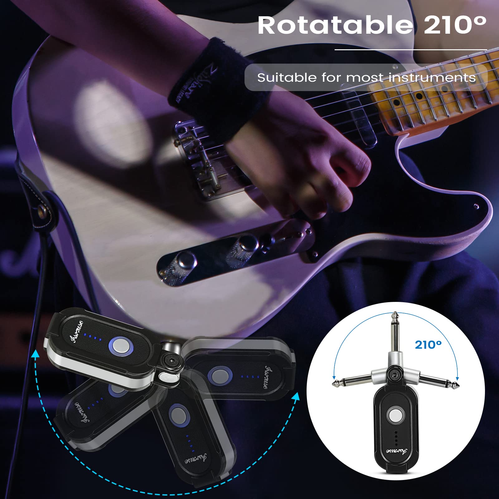 UHF Wireless Guitar System, Rechargeable Digital Wireless Guitar Transmitter Receiver with 20 Channels and Over 6 Hours Long Battery Life for Electric Guitar Bass