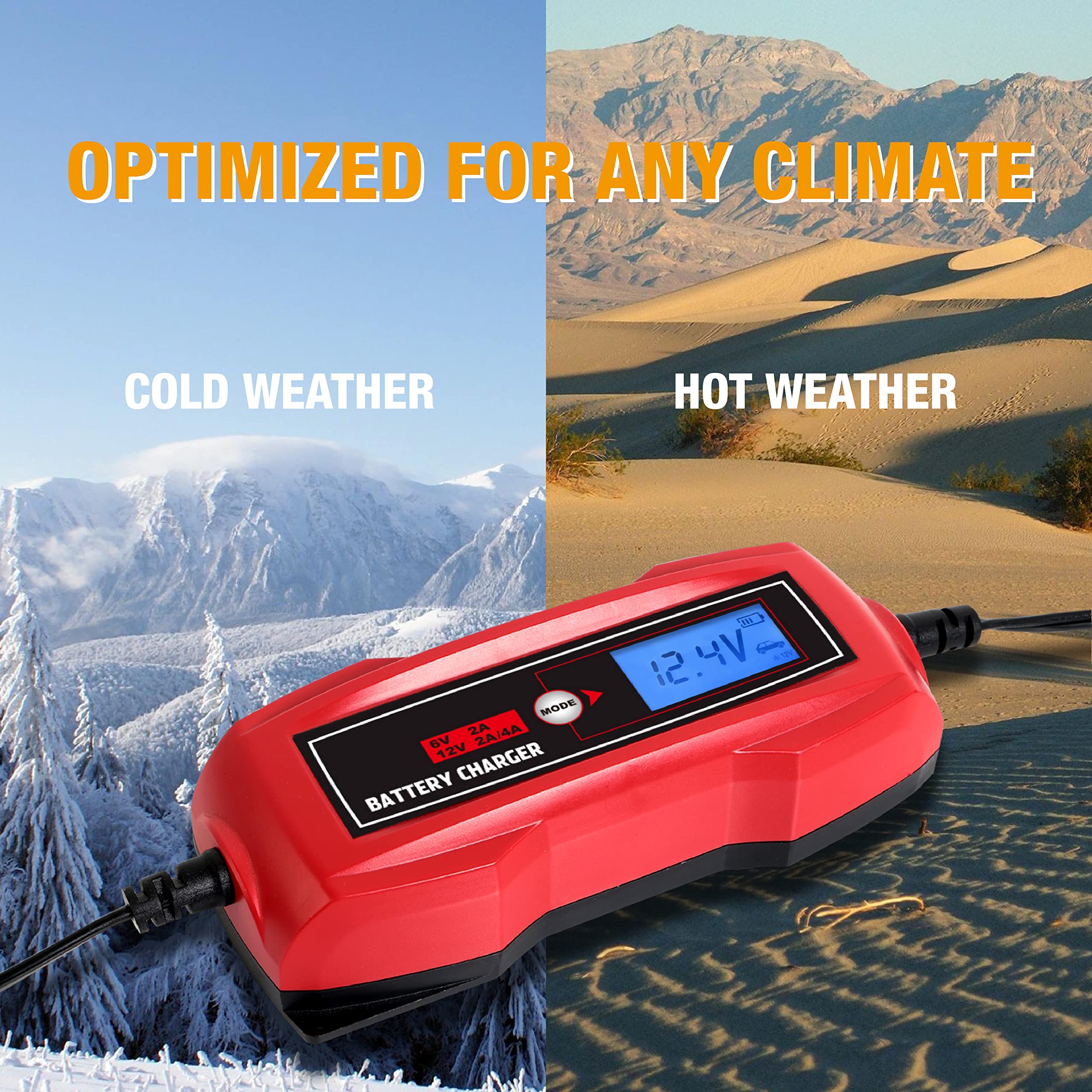 Torin ATR4DVLB Fully Automatic 2/4-Amp Smart Charger: High Frequency Battery Desulfator, 6V and 12V Battery Charger Maintainer Trickle Charger with Temperature Compensation , Red