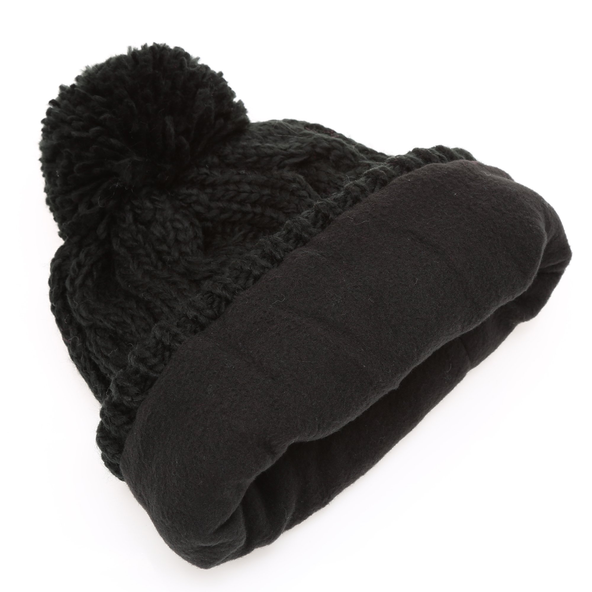 MIRMARU Winter Oversized Solid Color Cable Knitted Pom Pom Beanie Hat with Fleece Lining.(White)