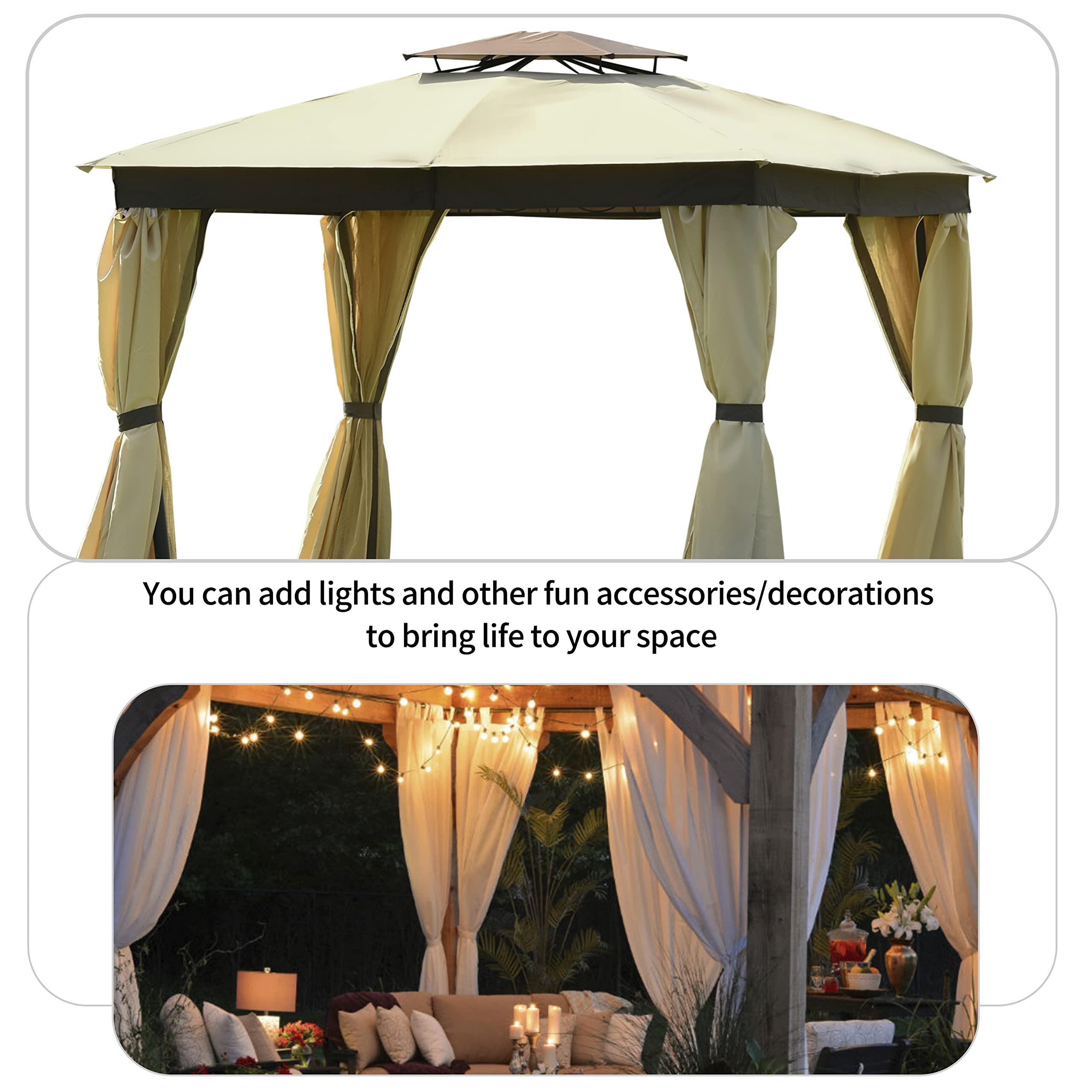 Merax Round Hardtop Gazebo with Removable Curtains, Outdoor Double Roof Canopy Shelter for Patio Garden Backyard Beige