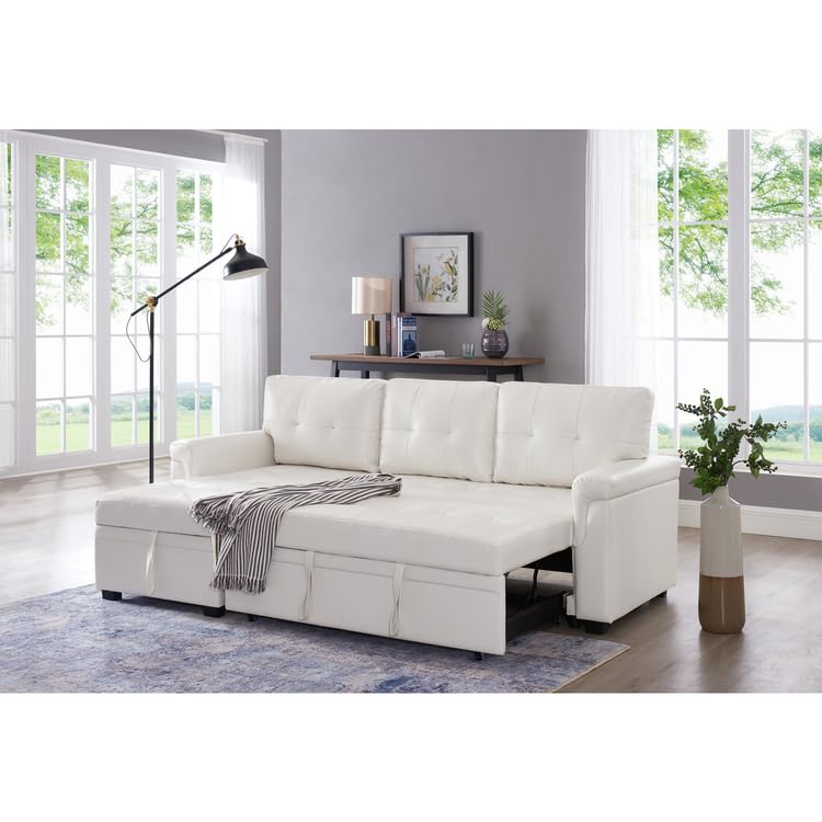 Naomi Home Diora Sectional Sleeper Sofa - Elegant L-Shaped Couch Convertible Pull-Out Bed, Ample Storage, Timeless Design, Sturdy Construction, Long-Lasting for Modern Living, Air Leather, White