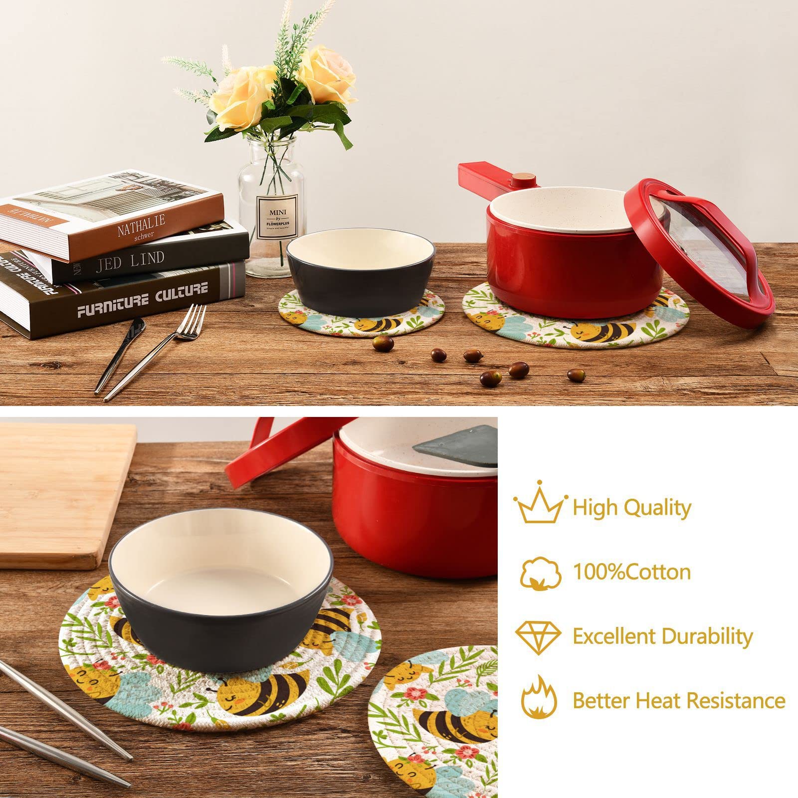 Summer Flowers Honey Bee Kitchen Trivet Mat 2Pcs Cartoon Bumble Bee Insects Pot Holders Cotton Woven Trivets Round Hot Pads Coasters for Cooking and Baking House Dinner