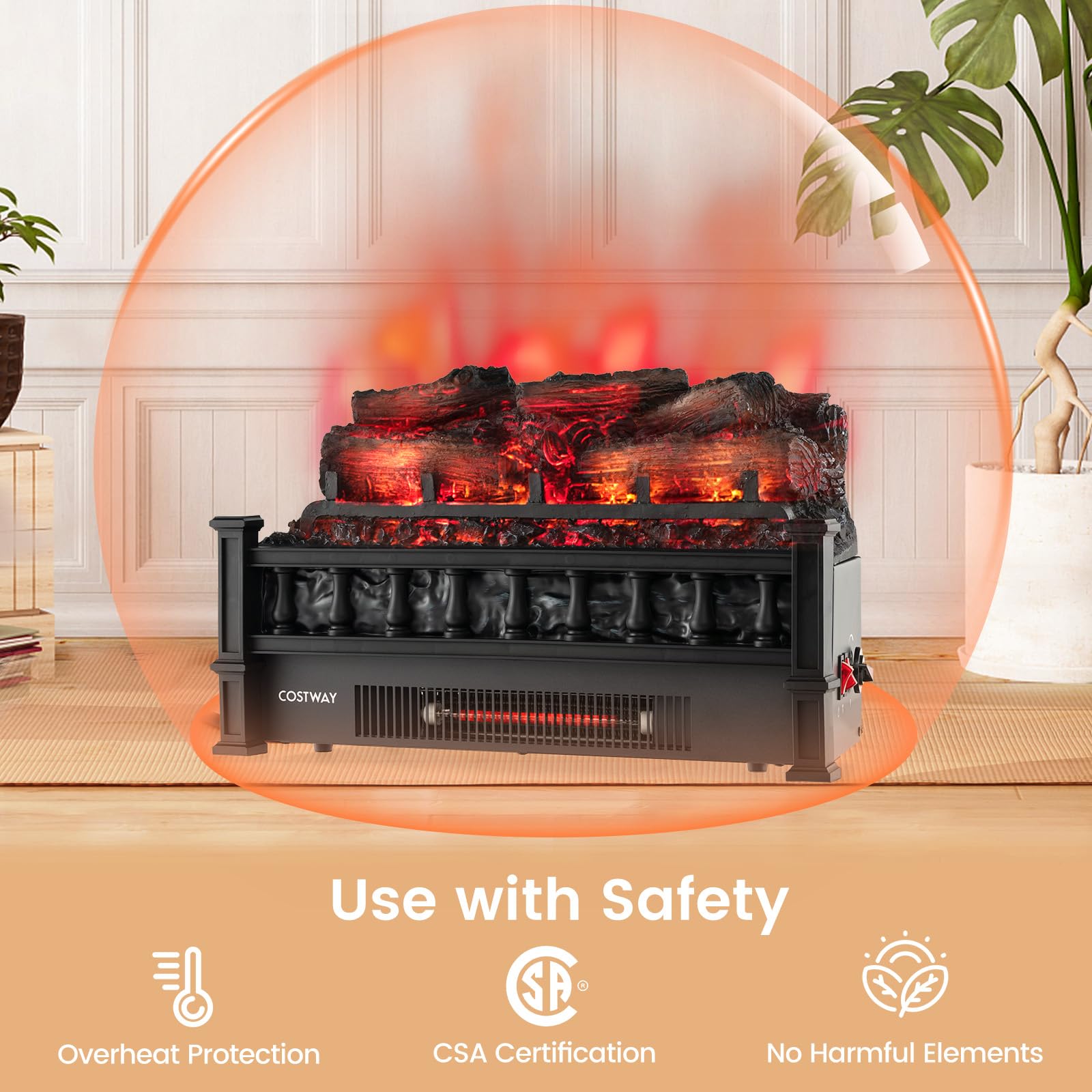ORALNER Electric Fireplace Insert Logs, 20-Inch Infrared Quartz Fake Fireplace Heater, Realistic Birchwood Logs, Adjustable Temperature, Overheat Protection, 1500W, Black