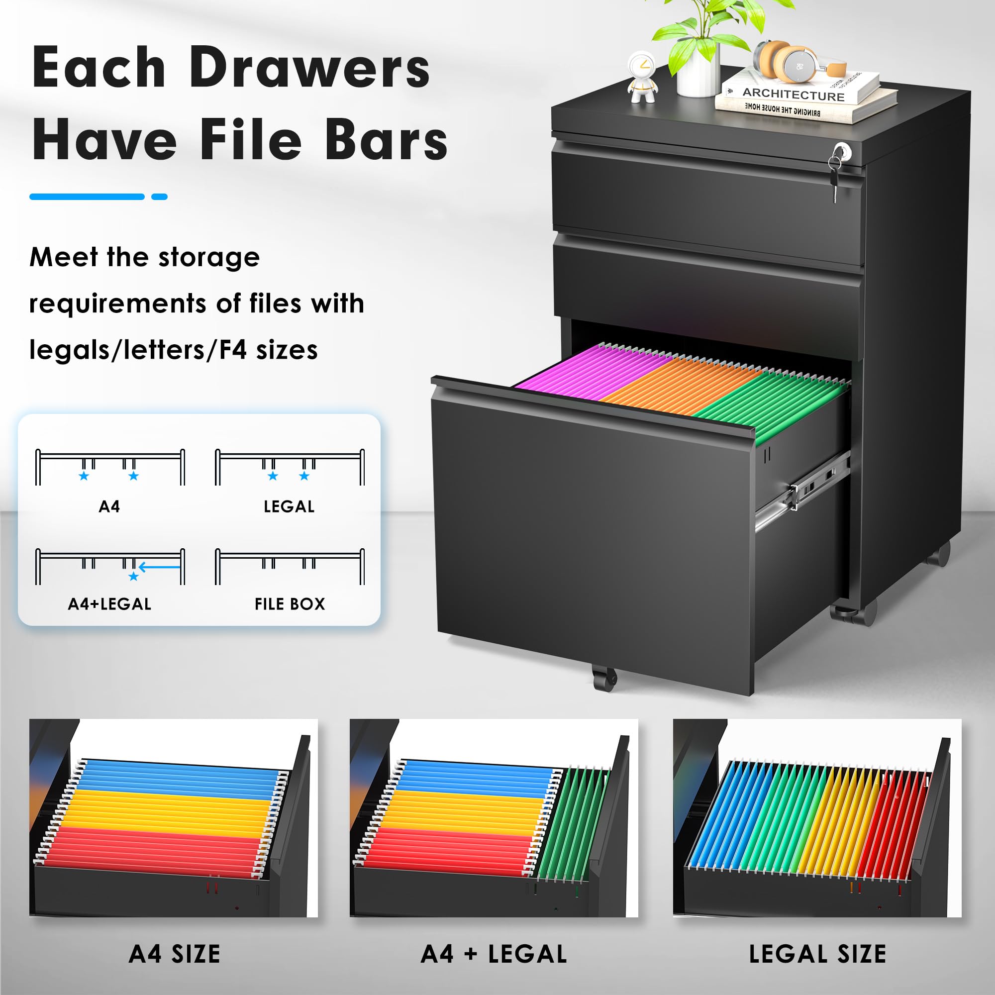 Pataku 3 Drawer Mobile File Cabinet with Lock, Under Desk Metal Filing Cabinet for Legal/Letter/A4 File, Fully Assembled Rolling File Cabinet Except Wheels, Black