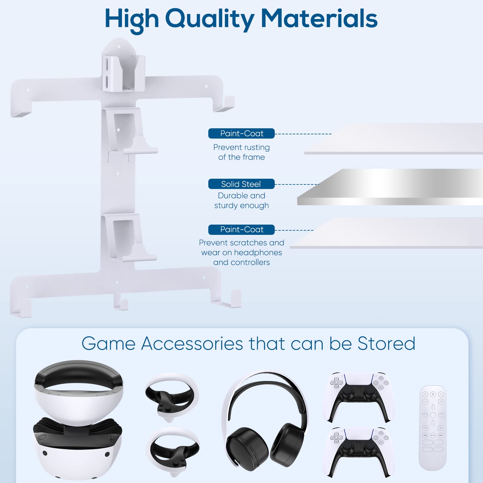 Wall Mount Stand for PS5 VR2 Gaming Accessories, Sturdy Steel Wall Mount Bracket for PS VR2 Headset, Controllers, Remote and Cable, Game Organizer with Controller Holder and Headset Stand for PSVR2