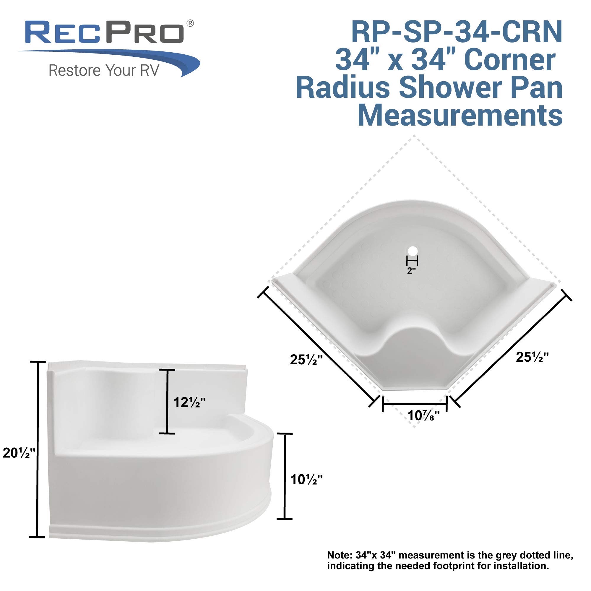 RecPro RV Shower Pan 34" x 34" Corner Radius in White | RV Shower Base | Camper Shower Pan