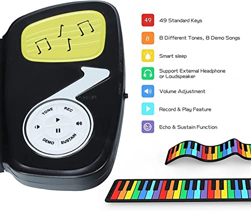 ZOHIKO Music Roll Up Piano 49 Key Roll Up Piano Keyboard with Speaker - 8 Different Tone - Record & Play Feature - Echo & Sustain Function - for Kids Beginner Gifts