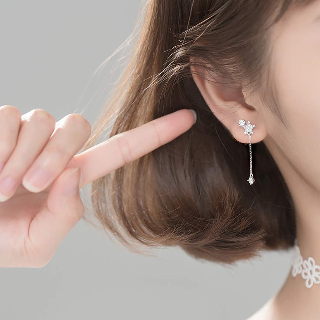 Reffeer Solid 925 Sterling Silver Asymmetric Moon Star Dangle Earring for Women Teen Girls CZ Drop Earrings Tassel Chain