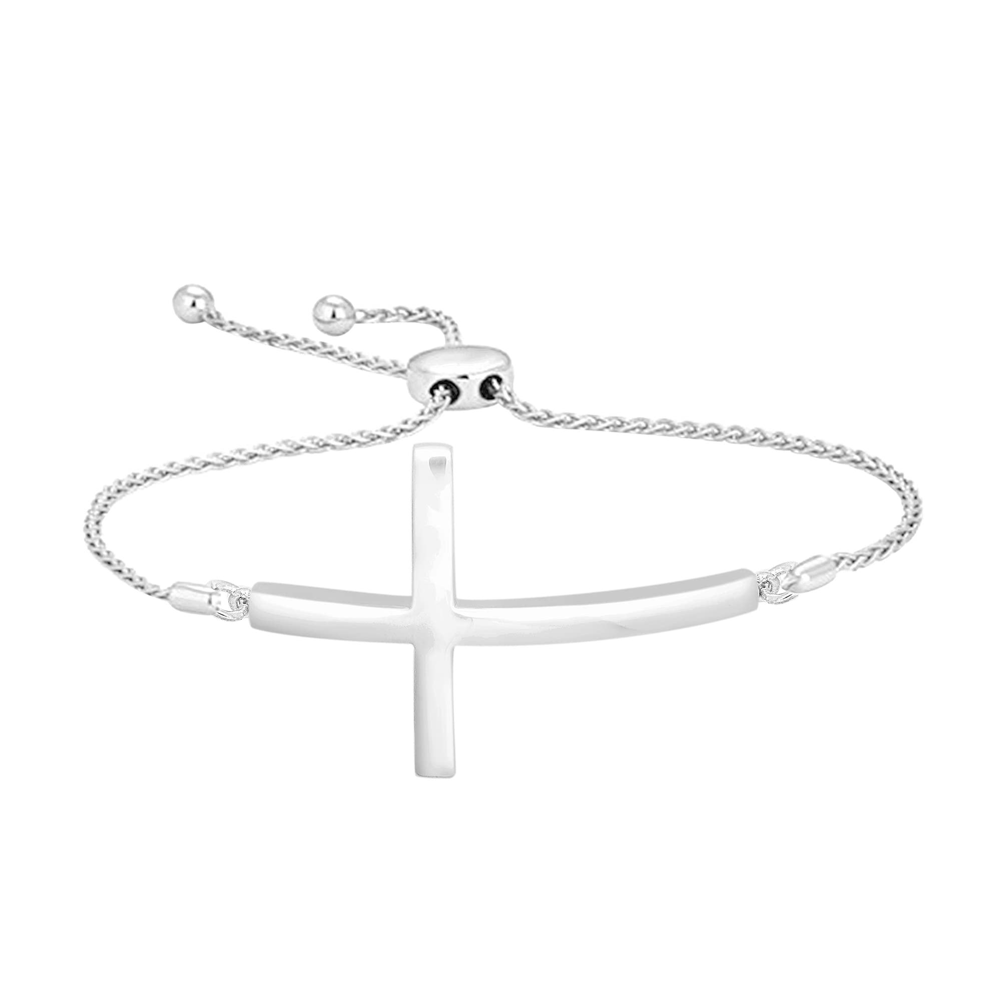 Shineadime Horizontal Cross Bolo Adjustable Bracelet in 14K White Gold Over 925 Sterling Silver For Womens 7"