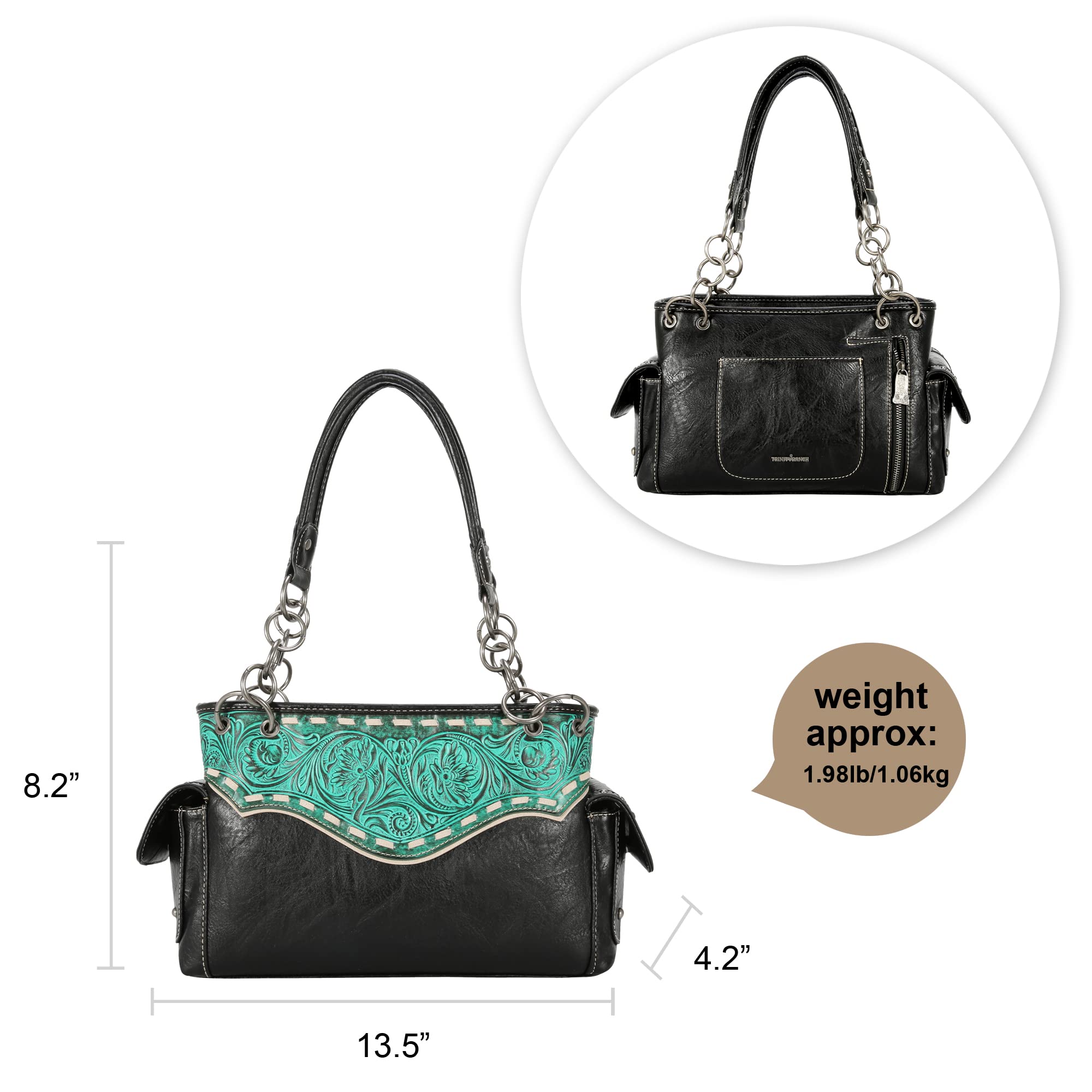 Trinity Ranch Western Purses for Women Satchel Tooling Leather Satchel Hobo Tote Bag Shoulder Handbags with Wallet TR150G-8085BK+W