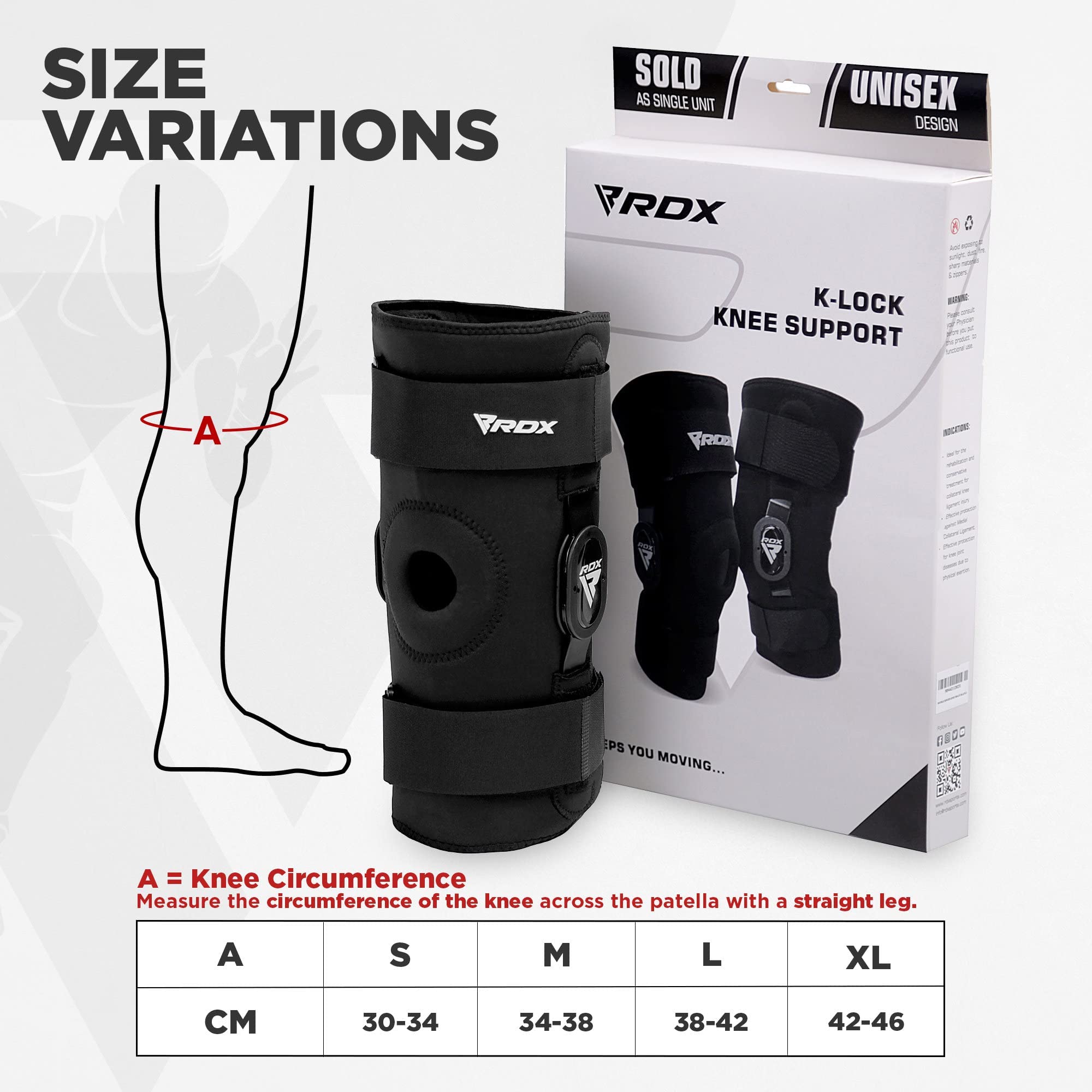 RDX Knee Support Brace, Open Patella Nylon Elasticated Compression Sleeve Pad with Adjustable Straps for Running Sports. Sold as Single Item