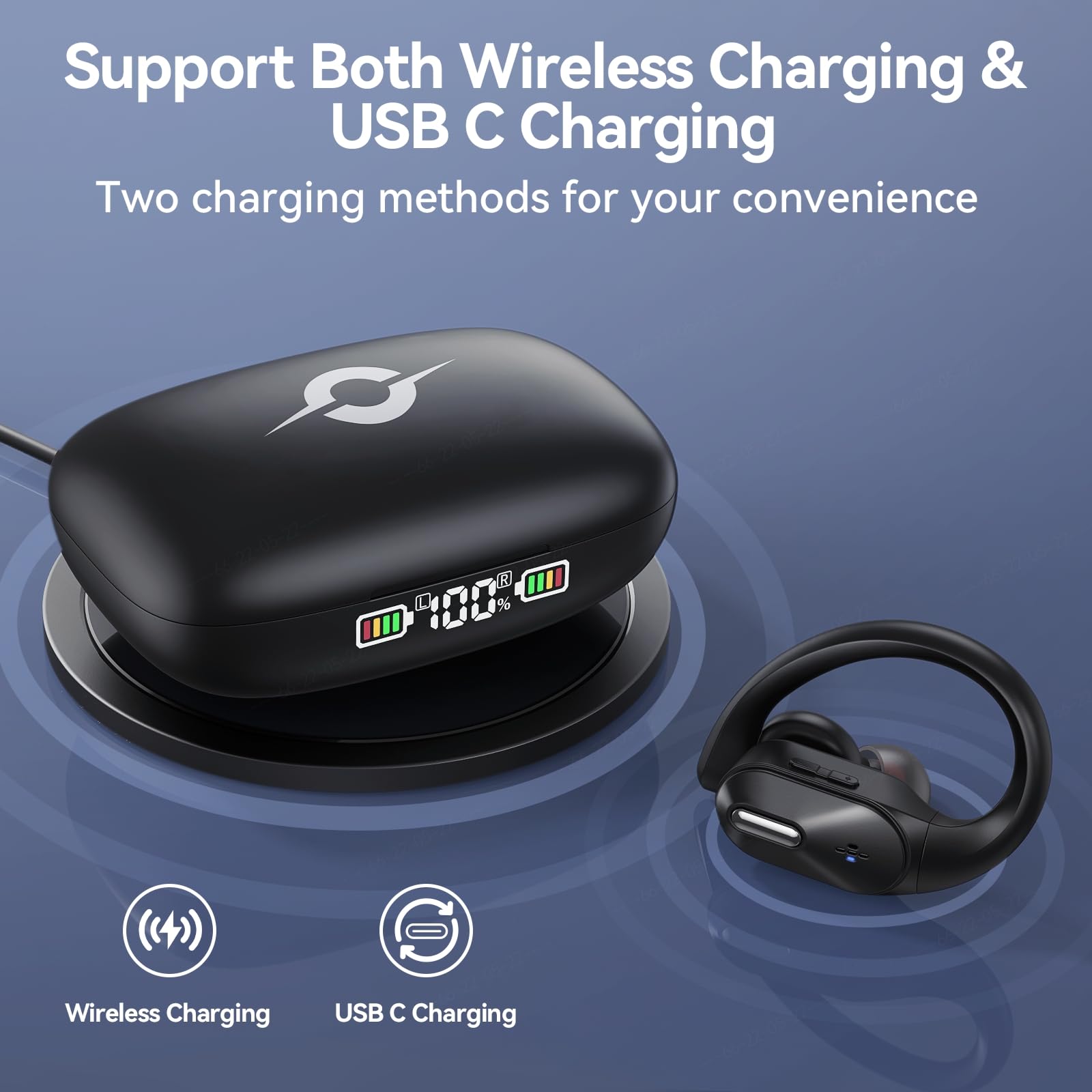 Orancu Bluetooth Headphones Wireless Earbuds Bass Stereo Sound with Wireless Charging Case 48H Playback Earphones LED Display with Built in Mic and Over Earhooks Waterproof Headset for Running
