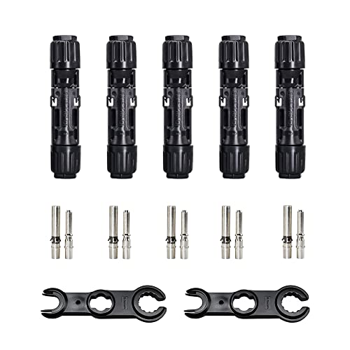 Triproton Solar Cable Connector, IP68 Waterproof, 1500V Tinned Copper Pins, for Solar System, Black 5 Pairs,with 2 Special Spanners (for 8 awg Cable)