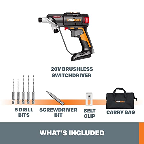 Worx Nitro 20V SwitchDriver 2.0, 2-in-1 Brushless Cordless Drill Driver, 2-in-1 Drill Set Rotatable Dual 1/4" Chucks, Compact Cordless Drill with Digital Torque Setting WX177L.9 β (Tool Only)