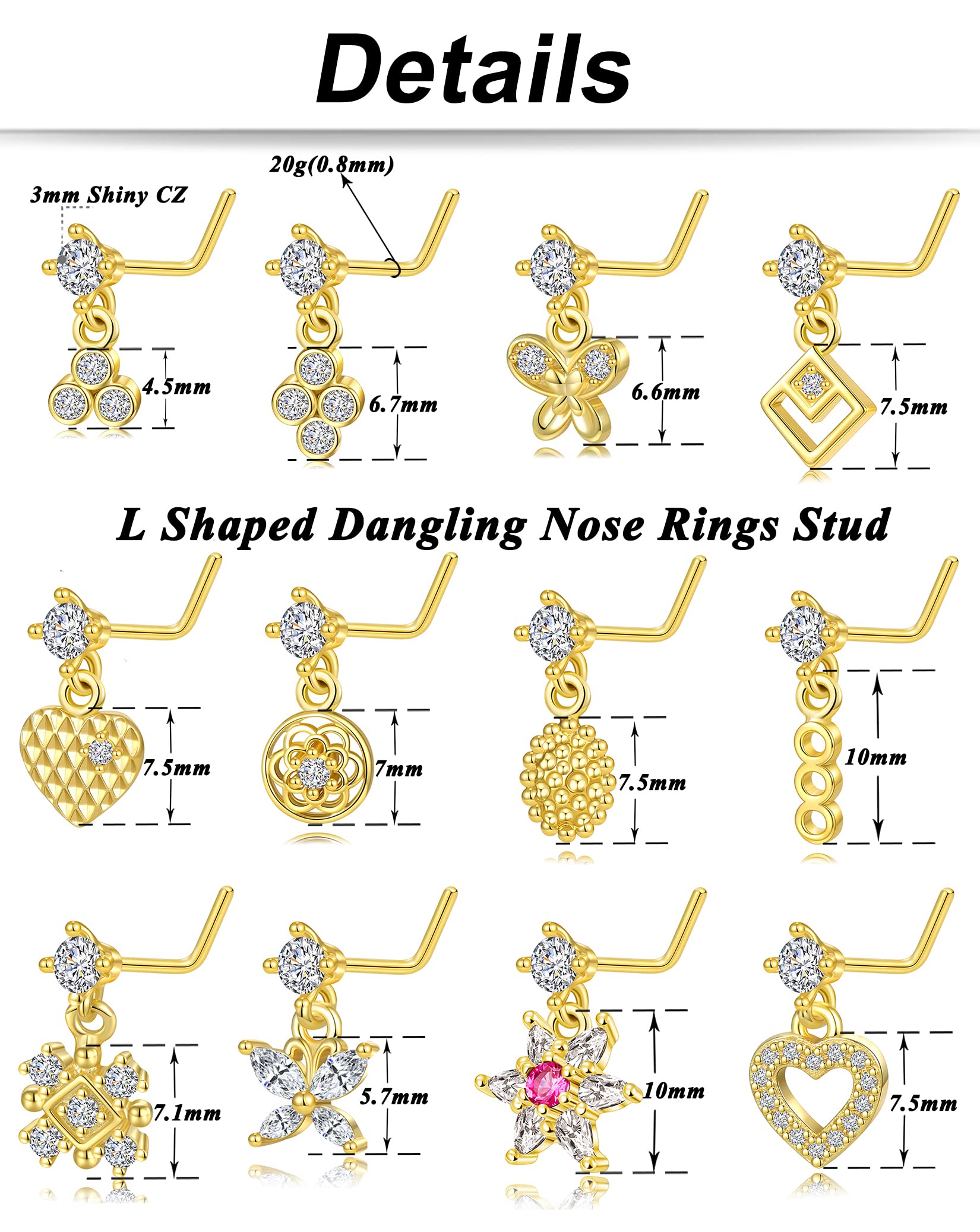 Tornito 12Pcs Nose Ring Studs L Shaped Dangling Butterfly Heart Flower CZ Nose Rings Stud Nostril Body Piercing Jewelry for Women Men 20G Silver Tone