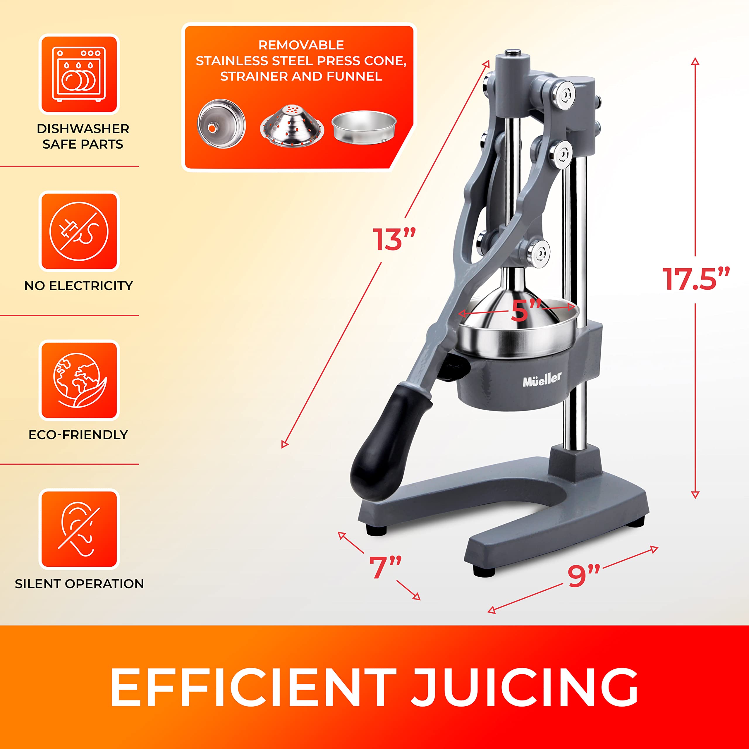 Mueller Professional Citrus Juicer - Manual Citrus Press and Orange Squeezer - Metal Lemon Squeezer - Premium Quality Heavy Duty Manual Orange Juicer and Lime Squeezer Press Stand, Gray