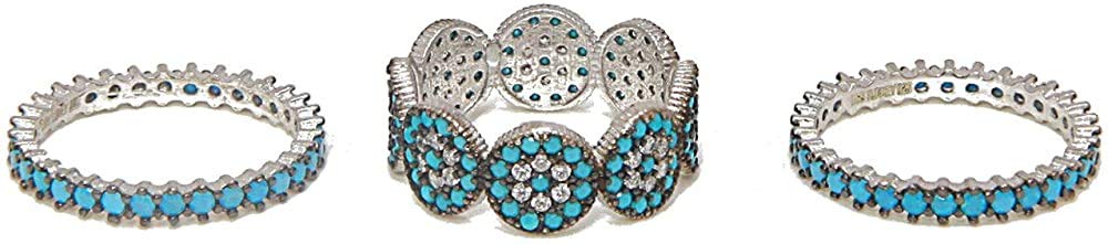 Ottoman Silver Collection CZ Full Eternity Trio Ring Set with Sterling Silver Turquoise Navy Blue Black and Cubic Zirconia Floral Design in Artisan Handcrafted (Turquoise, 9)