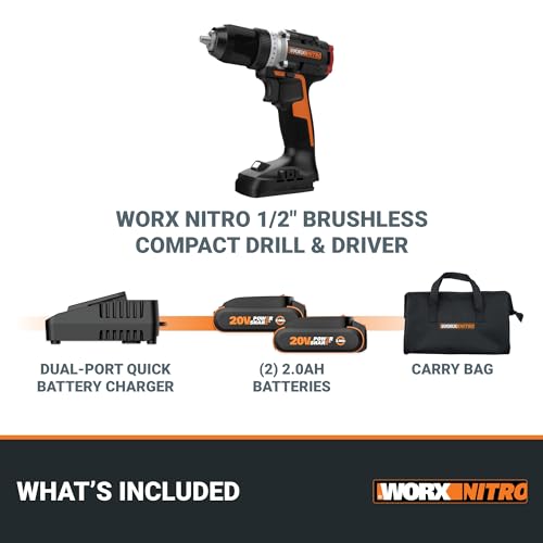 Worx Nitro 20V Cordless 1/2" Drill Driver with Brushless Motor, Compact & Lightweight Drill Set Only 6" and 3 lbs., Cordless Drill Power Share Compatible WX130L β Batteries & Charger Included