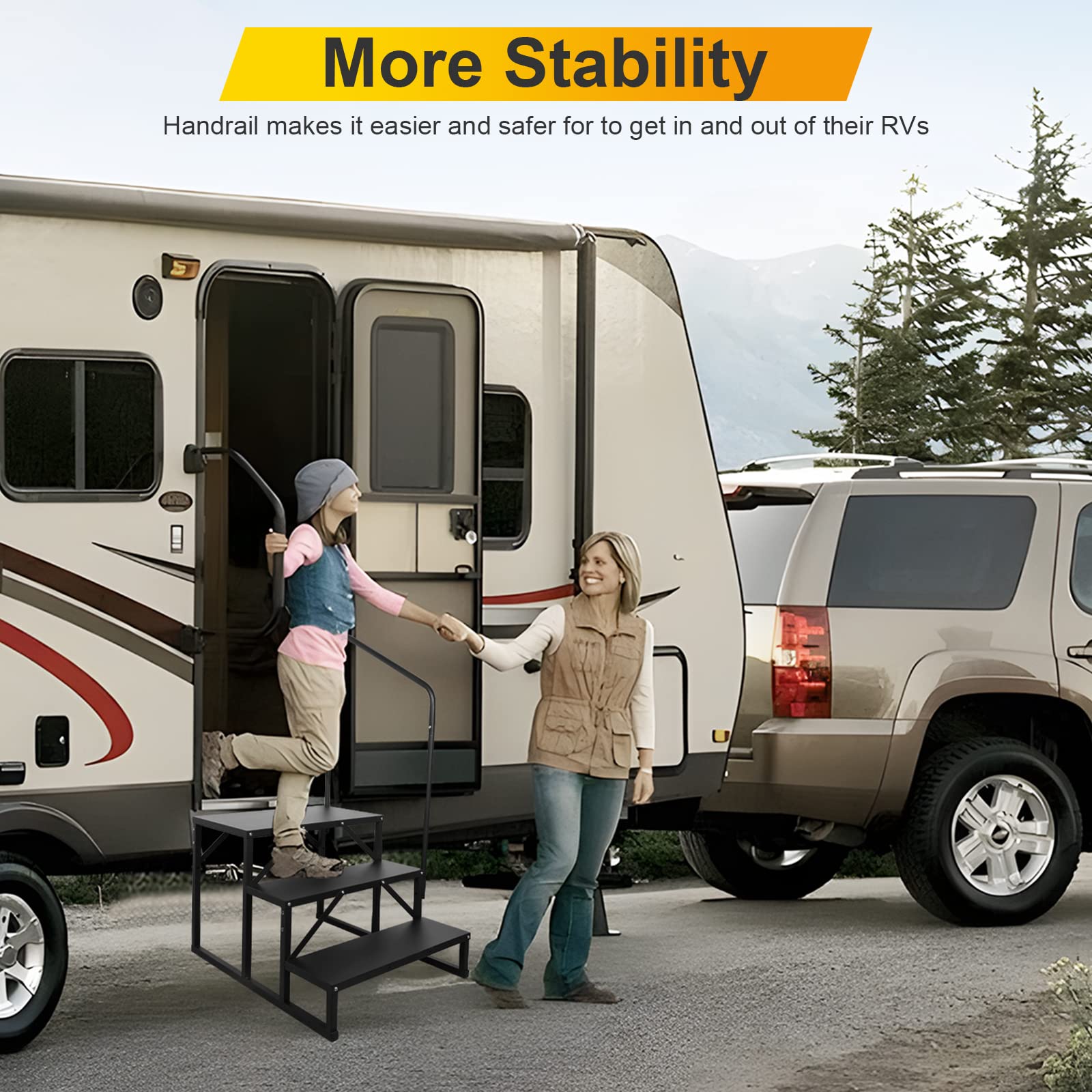 Tocretoare 2 Step Stairs with Handrail, Hot Tub Steps with Handrail, Portable Stairs Steps for 5th Wheel RV, Mobile Home Stairs Outdoor RV Step