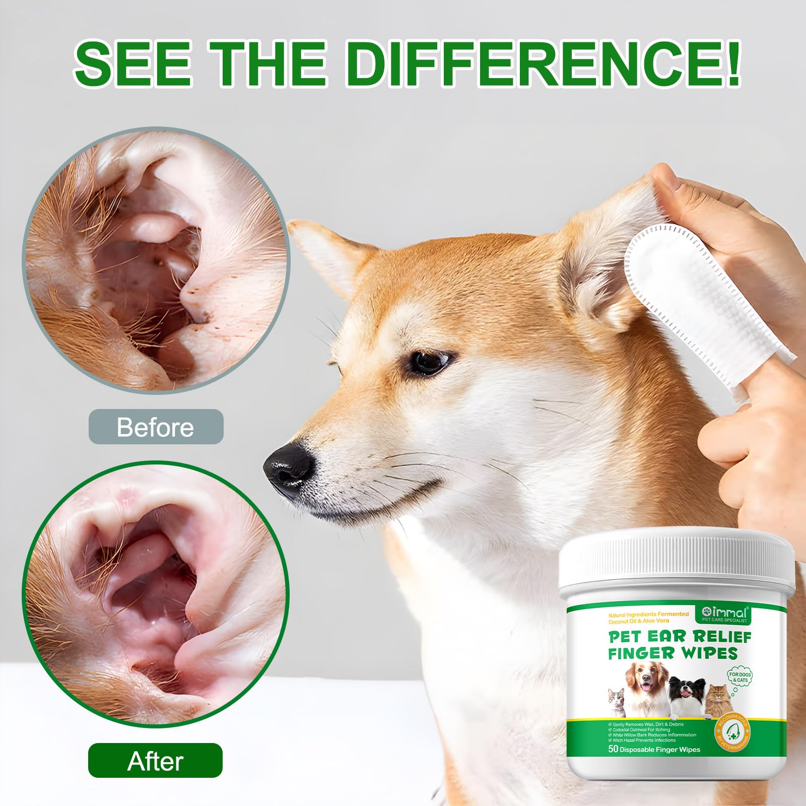 Xaarty Ear Cleaning Wipes for Dogs & Cats, Gently Remove Wax & Debris, Reduce Ear Inflammation, Finger Set Cellular Network Design, Rich in Fermented Coconut Oil and Aloe Vera, All Natural, 50 Count