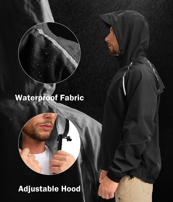 Men's Cycling Rain Jackets Waterproof Running Windbreaker Hooded Reflective Bike Hiking Biking Windproof Bicycle Riding(Black,XL)
