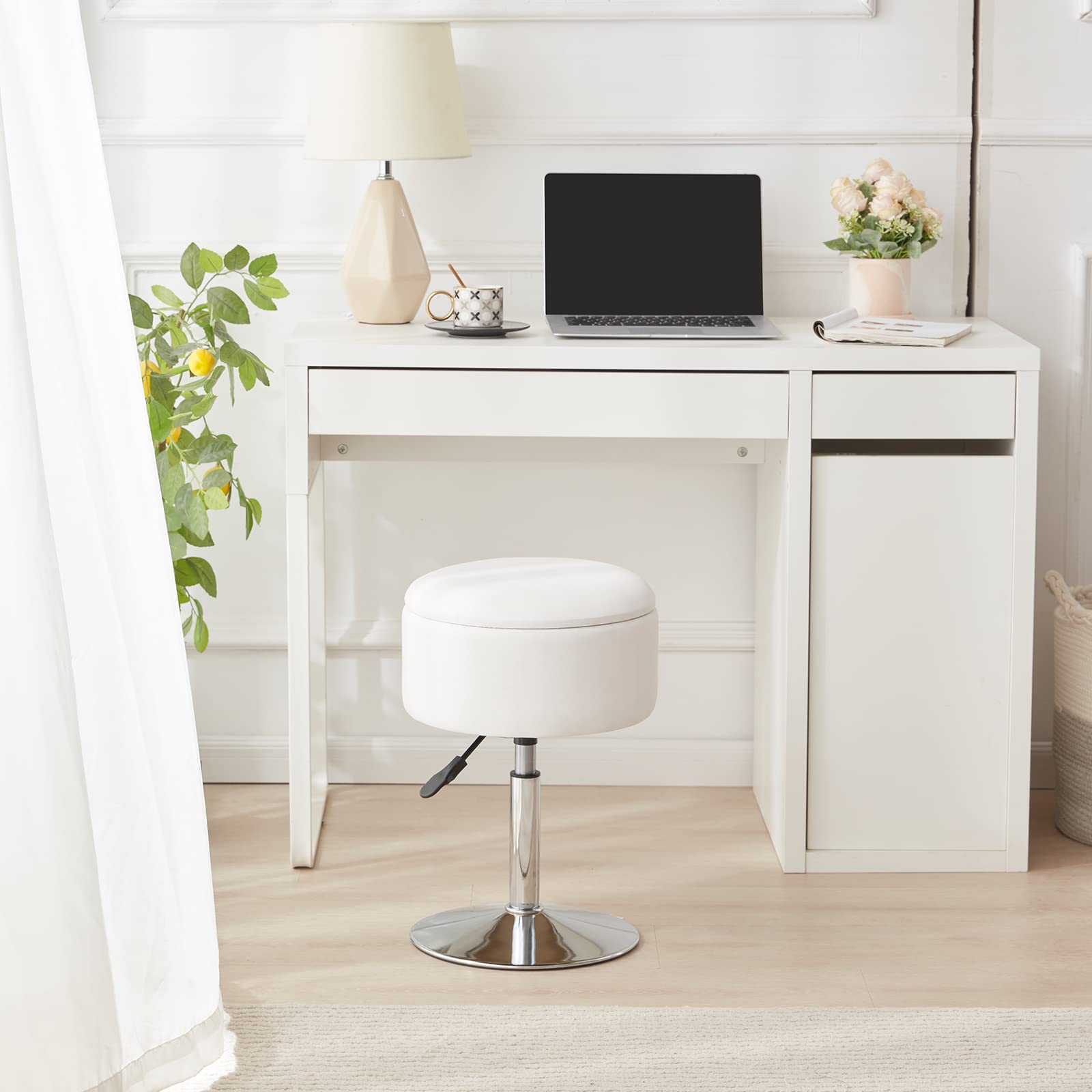RUCUKEN White Vanity Stool Vanity Chair for Makeup Room Stool Chair for Vanity Adjustable Makeup stools with Storage Swivel Makeup Chair for Bathroom Faux Leather