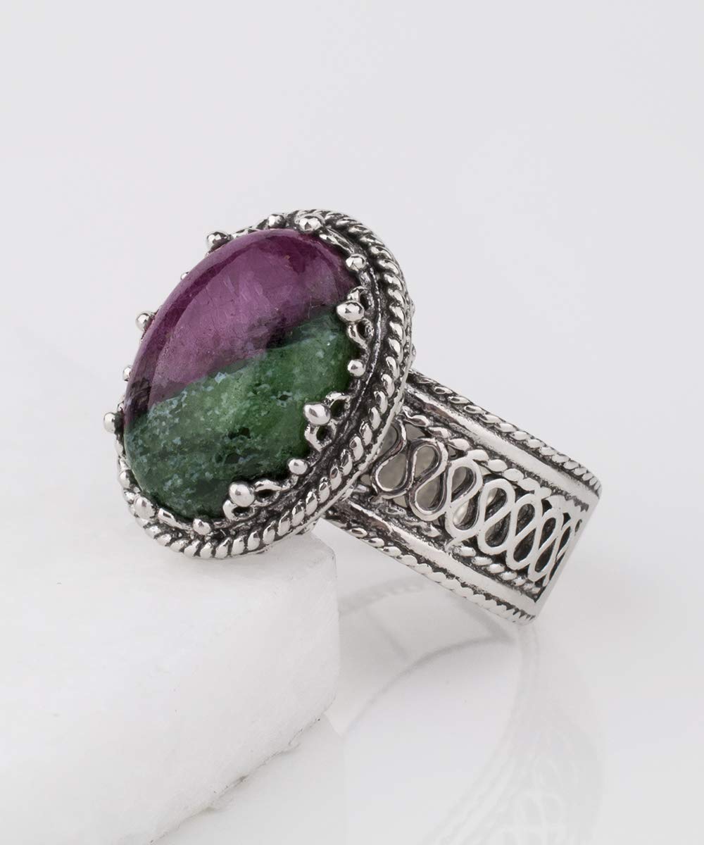 Ottoman Silver Collection 925 Sterling Silver Filigree Style Dainty Oval Shaped Genuine Black Spinel Ruby Zoisite Gemstones Ring Special Selection for You and Your Precious (12, Zoisite)