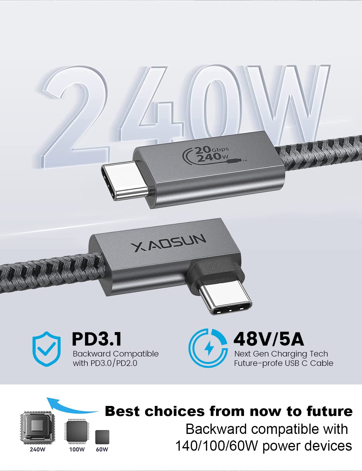XAOSUN 240W USB C to USB C Cable Cable 6.6ft, Right Angle 90 Degree USB C 3.2 Gen 2 Datat Cable 20Gbps Data Transfer, 4K Video Output Compatible with iphone 15 pro max macbook ipad Monitor SSD samsung