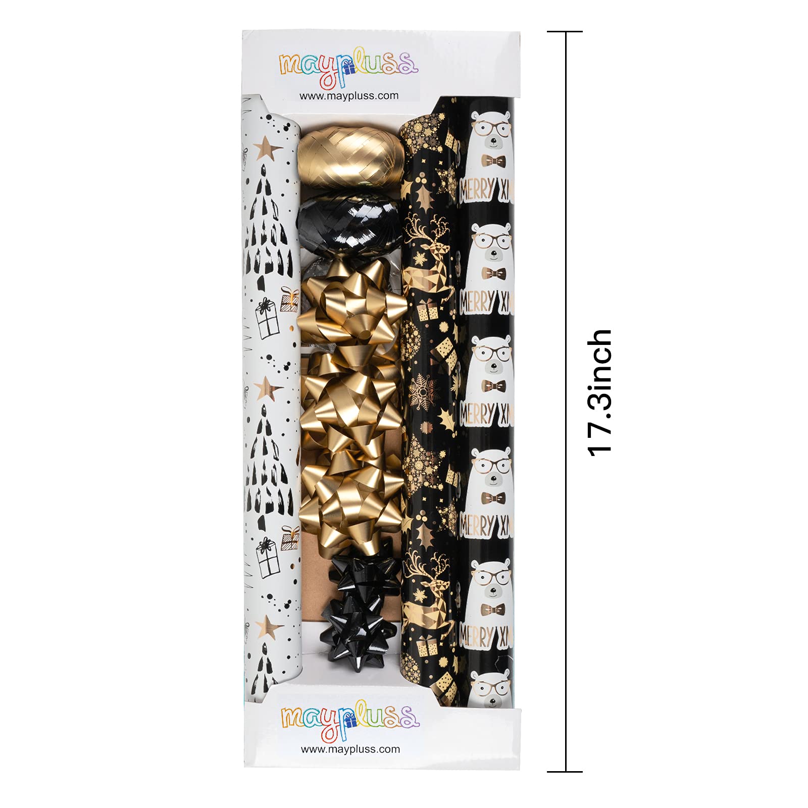 MAYPLUSS Christmas Wrapping Paper Set - Mini Roll with Bow & Ribbon & Gift Tags & Stickers- 17 inch X 120 inch Per roll - Blue Design (42.3 sq.ft.TTL)