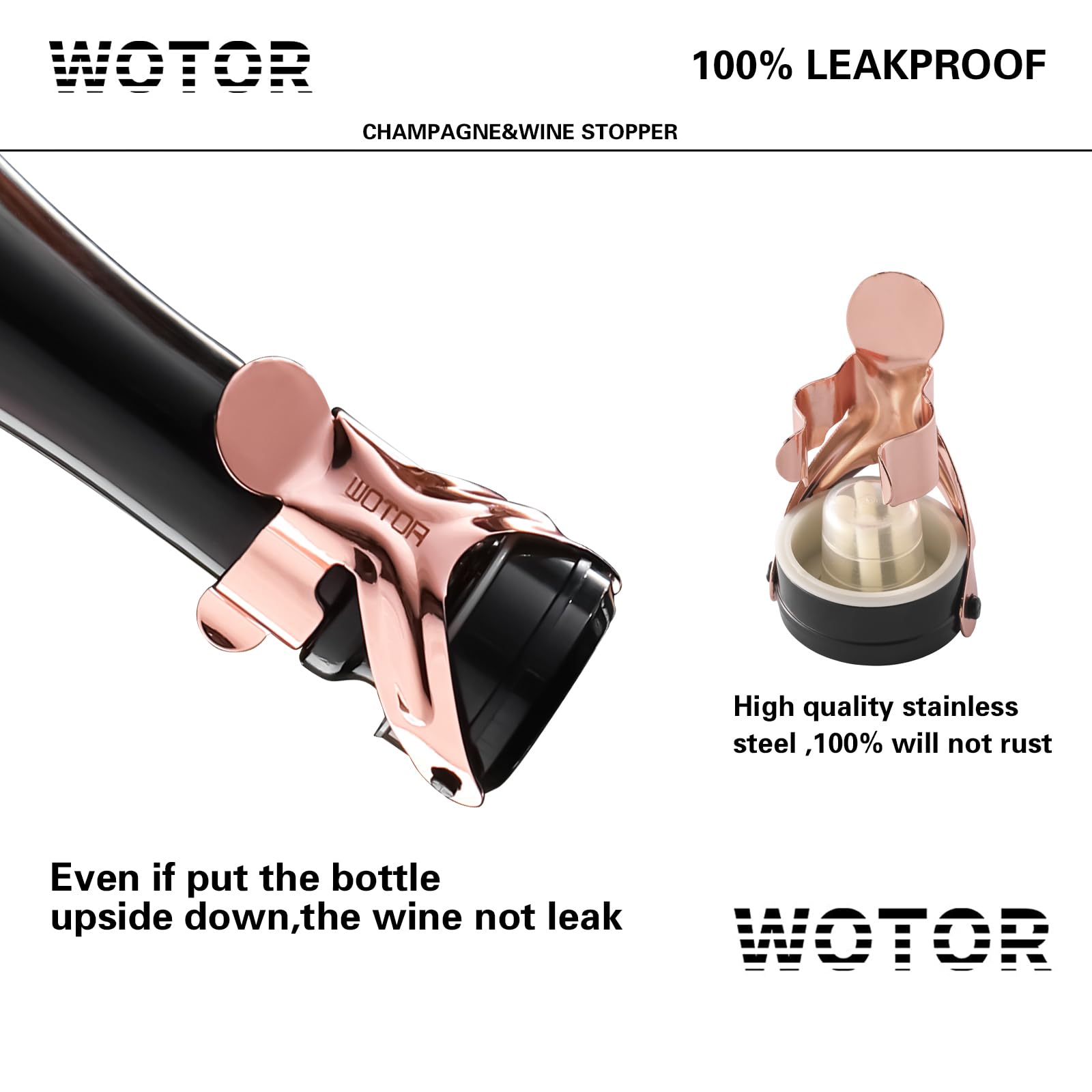 WOTOR Champagne&Wine Bottle Stoppers Stainless Steel with Food Grade Silicone, Leak Proof Keep Fresh Reusable Saver, Cork Suitable for Wine, Champagne, Cava, Prosecco and Sparkling (2 Pack Rosegold)