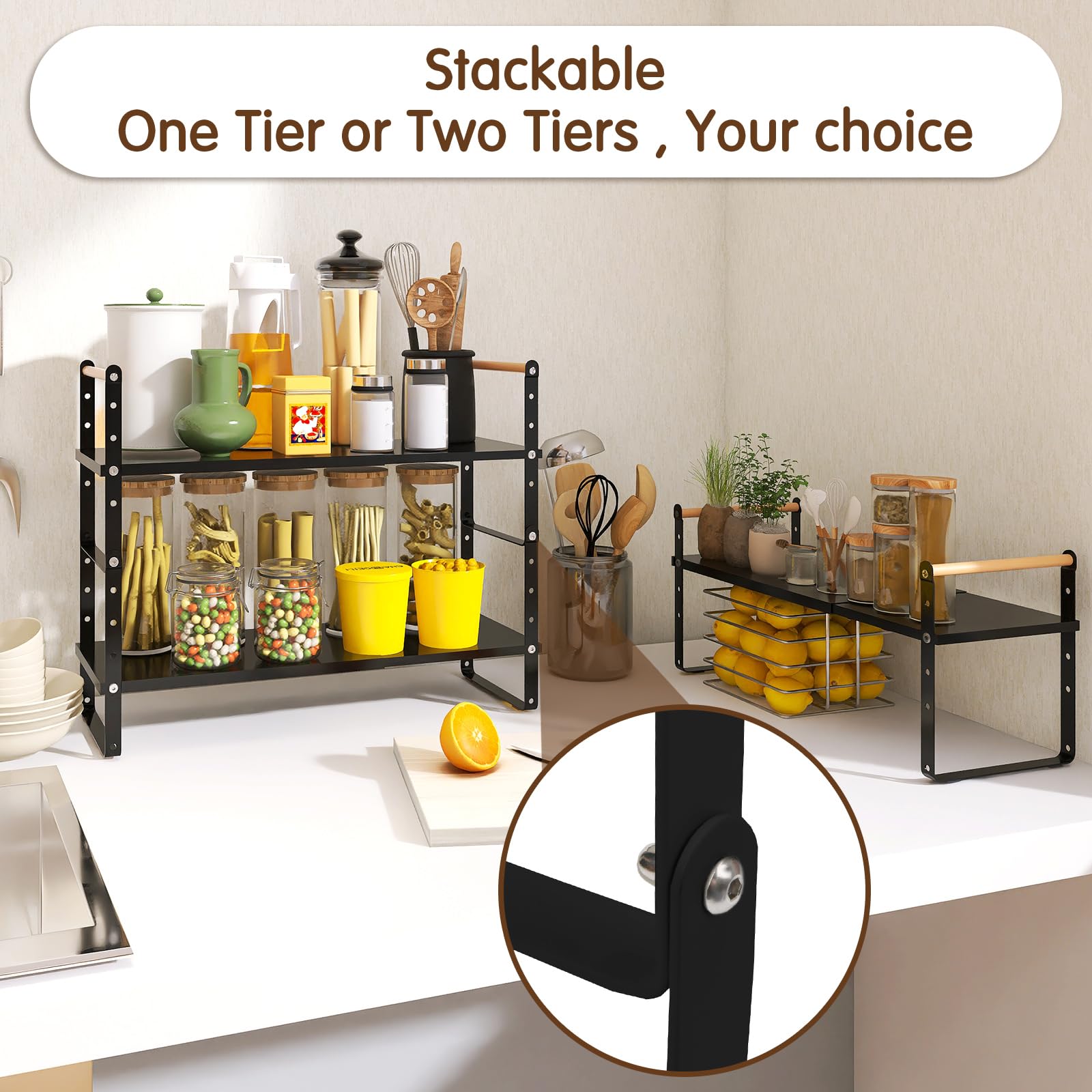 RUILALIFE Expandable Shelf Organizer for Kitchen Countertop,Adjustable Cabinet Shelf Organizers,Stackable Kitchen Counter Shelf Rack,Tiered Risers Shelves for Storage Pantry