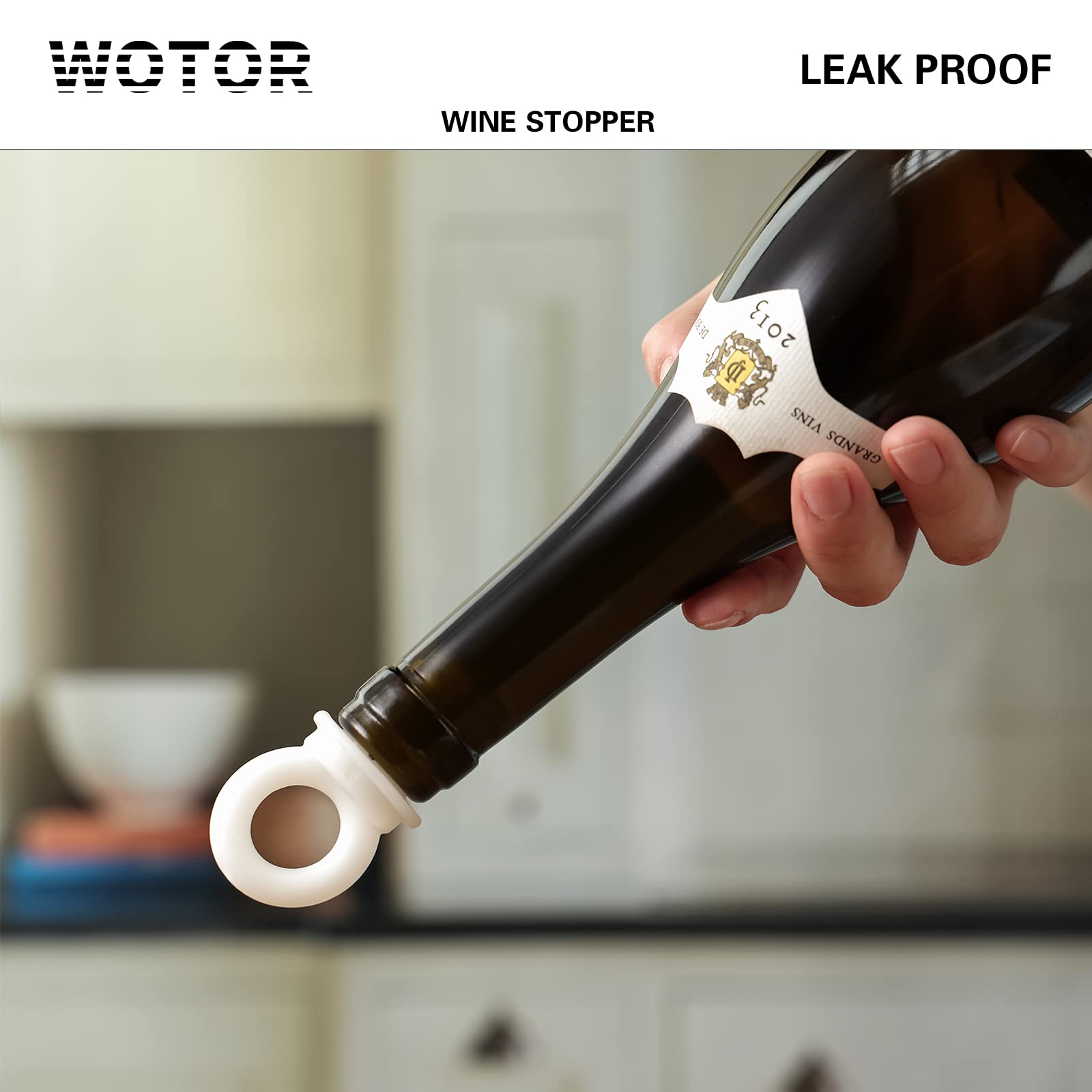 WOTOR Wine Stoppers for Wine Bottles,Reusable Silicone Wine Bottle Stopper with Ring Pull on Top for Keep the Wine Fresh, Set of 6, White