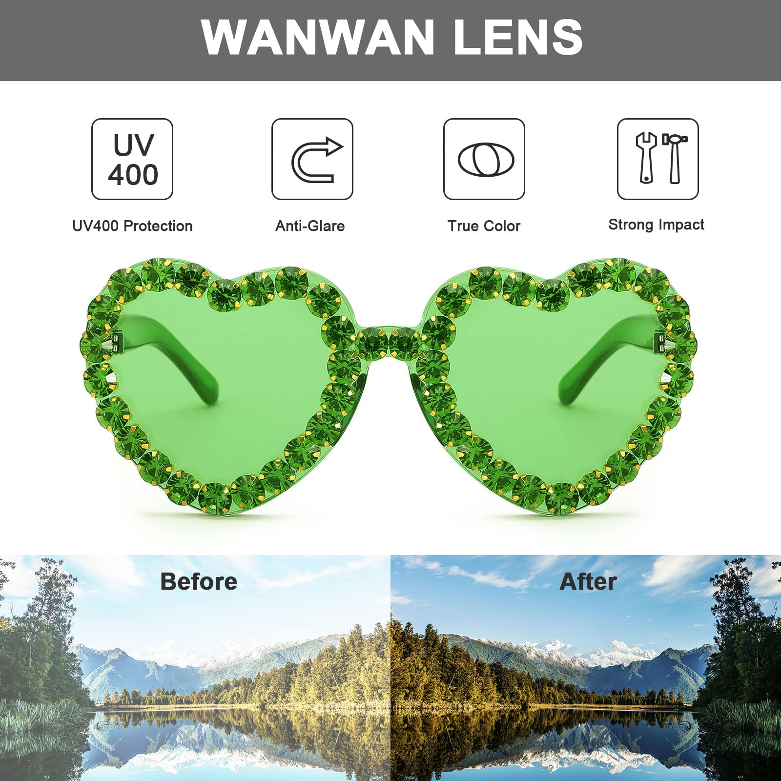 WANWAN Women Heart Shape Sunglasses Sparkling Crystal Sunglasses Cute Lovely UV Protection Rhinestone