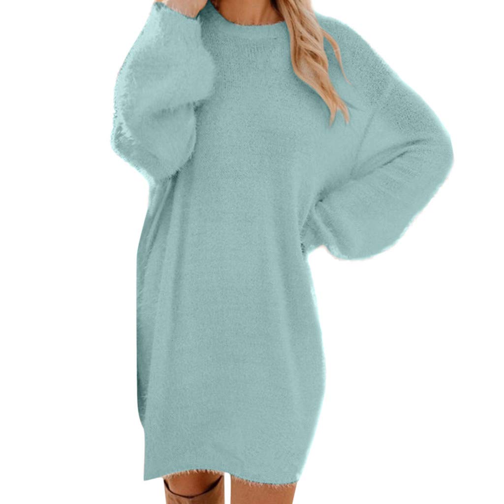 Solid Round Neck Dress for Women Plush Sweater Long Sleeve Dress Shift Loose Sweatshirt Dress Sky Blue