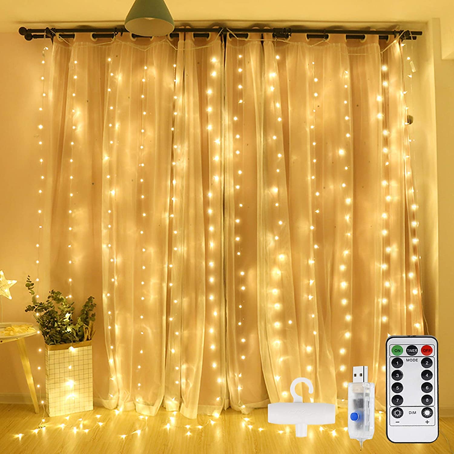 Nasharia Curtain Light 300 LED, Curtain String Light with 8 Modes Remote Control Timer,Twinkle Lights for Bedroom Christmas Party Home Garden Outdoor Indoor Wall Decorations(Warm White)