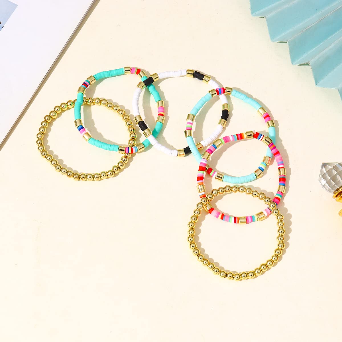 TOOLIPOUR Colorful Beaded Bracelet for Women Gold Beads Stretch Bracelet Heishi Beads Bracelet Stacking Gold Beaded Bracelet Set (Light blue)