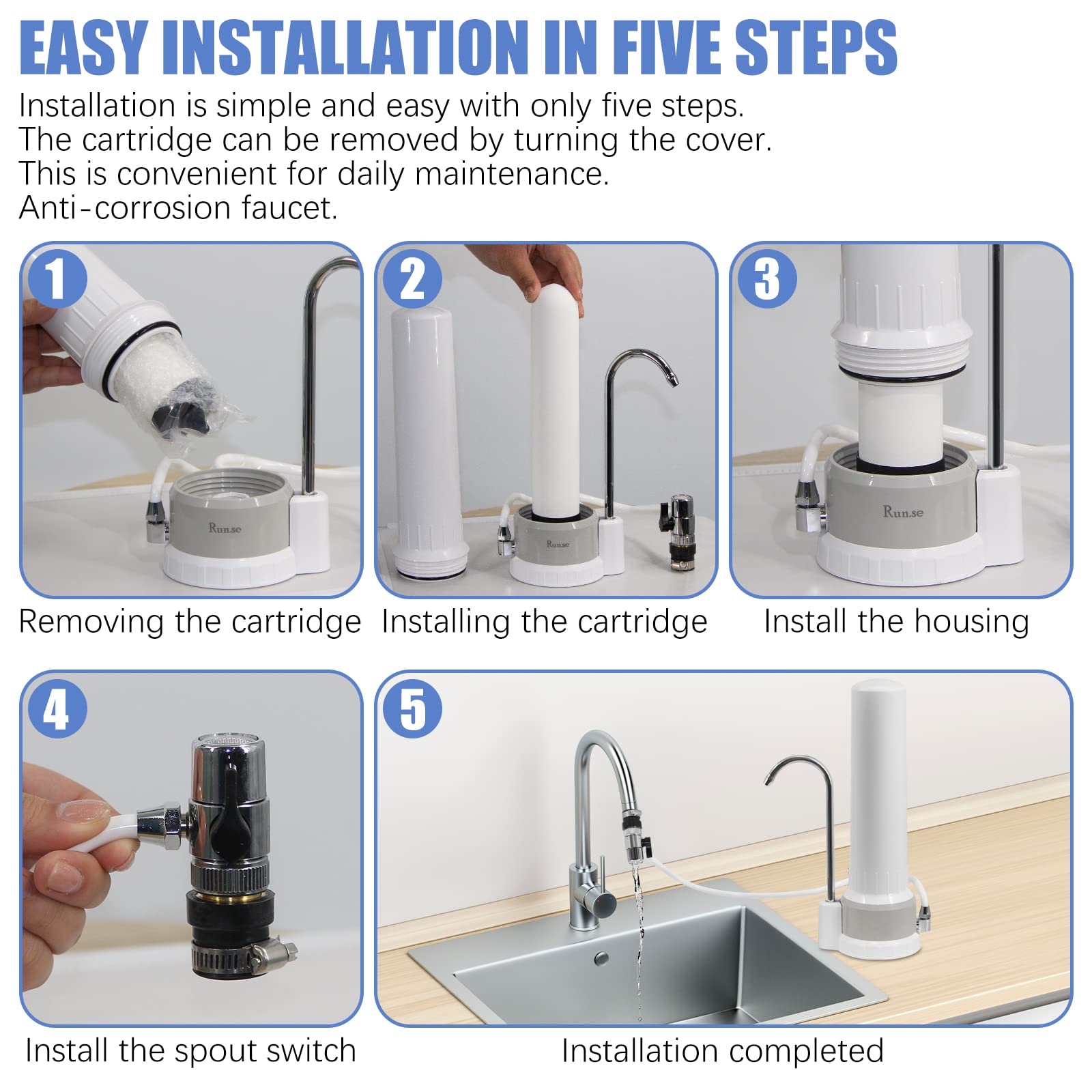 RUN.SE Countertop Water Filter System, Easy Install Water puriter, Sink Water Faucet, Alkaline Material Filter Machine (1 Filter Included)
