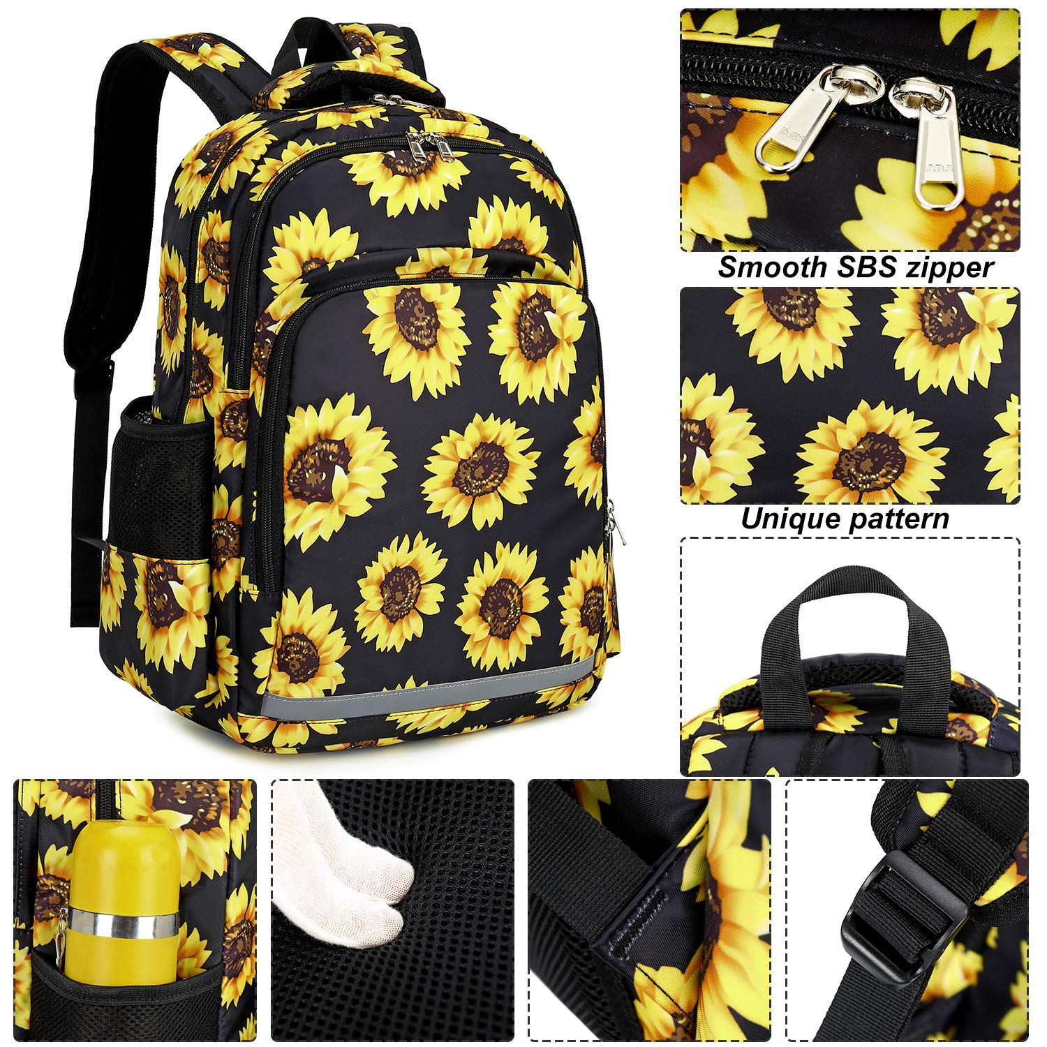 Sunflower Backpack Girls Floral School Bookbag Cute 3 in 1 Backpack Set with Insulated Lunch Box and Pencil Case (Sunflower 3 Pieces - Black)
