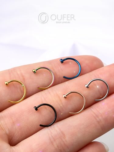 OUFER 6PCS Titanium Nose Ring Hoop, 18G 20G Titanium Nose Studs, G23 Solid Titanium Nose Rings, Gold Black Nose Stud, Nose Piercing Jewelry for Women And Men