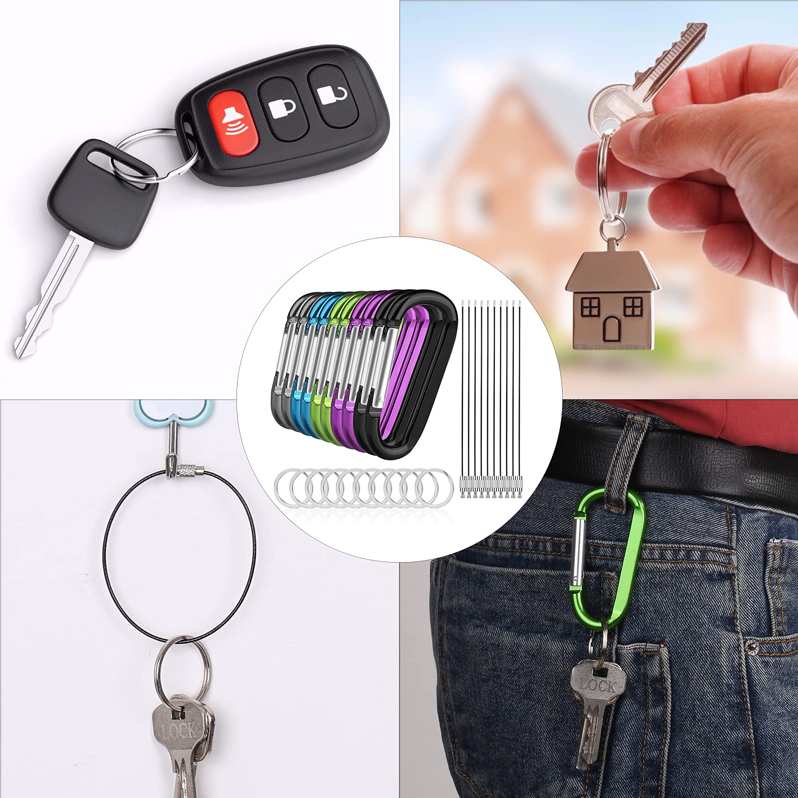 Michael Josh 10PCS 3" Carabiners Caribeaner Carabeaner Hooks Clips,D Ring Shap with 10PCS Wire Keychain + 10PCS Carabeeners Keyrings(Multi-Color)