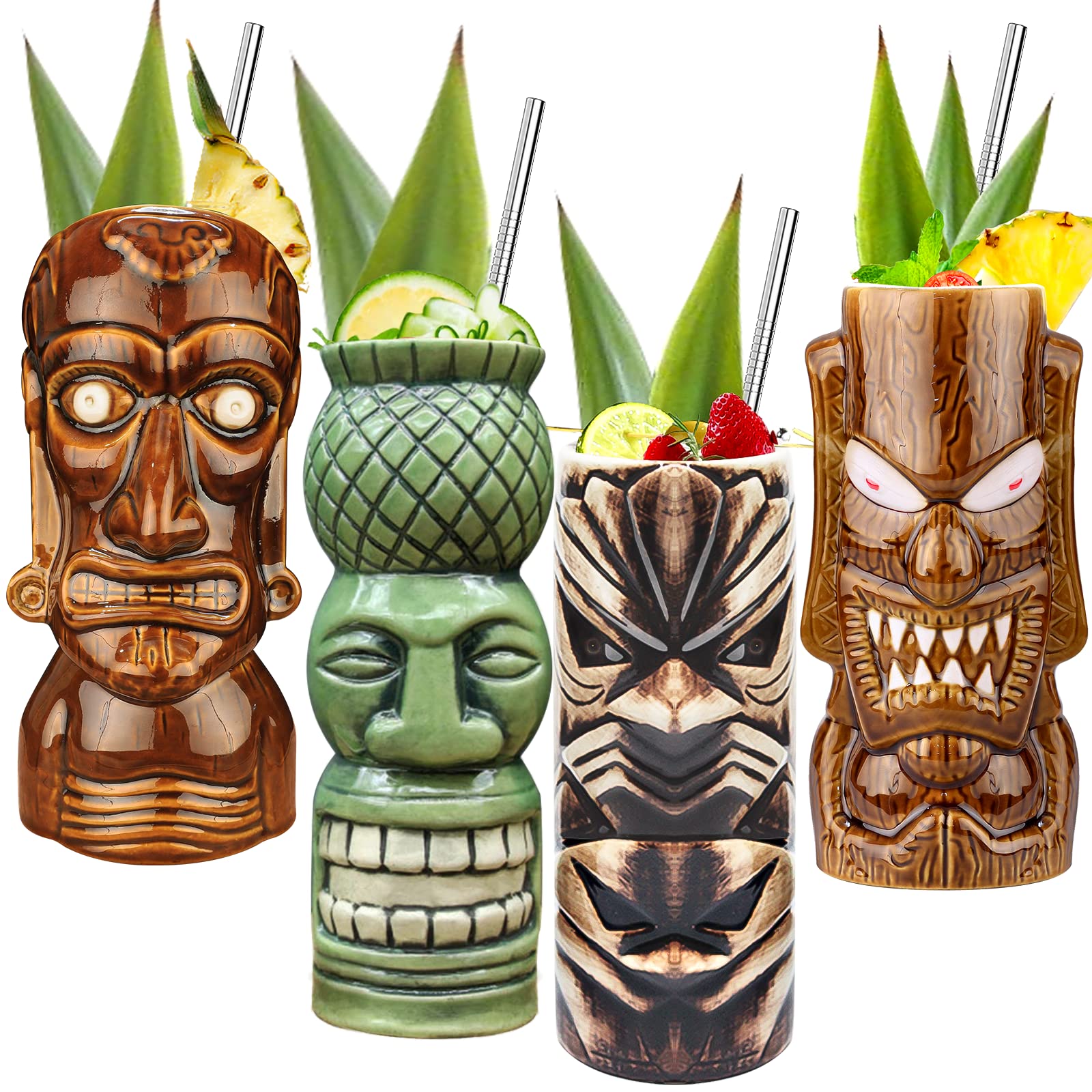 Tiki Glasses for Cocktails Tiki Mugs Set of 4 Ceramic Tiki Party Cups Bar Decor Creative Tiki Mug Set Large Hawaiian Tiki Drinking Decorations Vintage Tropical Drinkware Barware 4 Packs