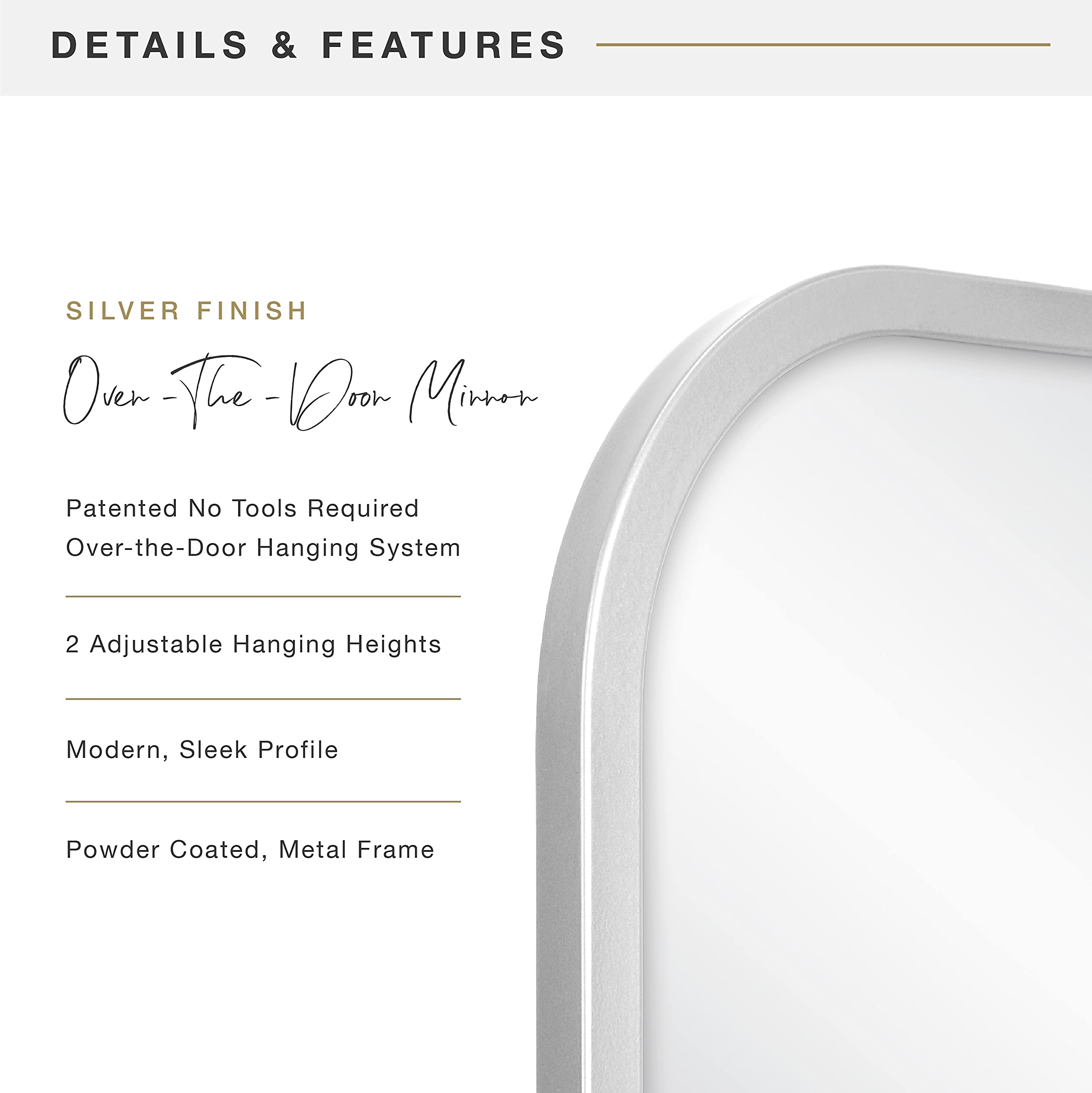 MCS Metal Over The Door Mirror With Rounded Corners, Full Length Hanging Mirror for Bedroom and Bathroom Doors, Silver, 22 x 55 in