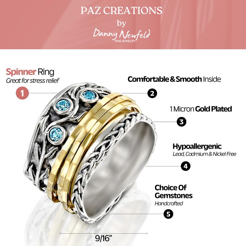 Paz Creations 925 Sterling Silver Spinner Ring with Blue Topaz Gemstone, Anxiety Ring/Boho Ring with 14K Gold Fidget Ring, 925 Sterling Silver Rings for Women (S 7)