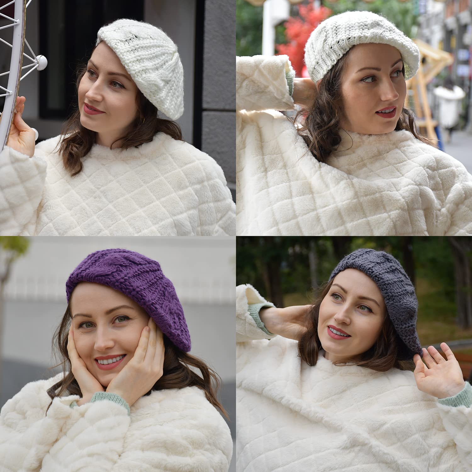MULIMU 3 Pieces Women Fall Winter Ribbed Beret Beanie hat Warm Chunky Knit Beret Hat for Women (Black,Beige,Dark Gray)