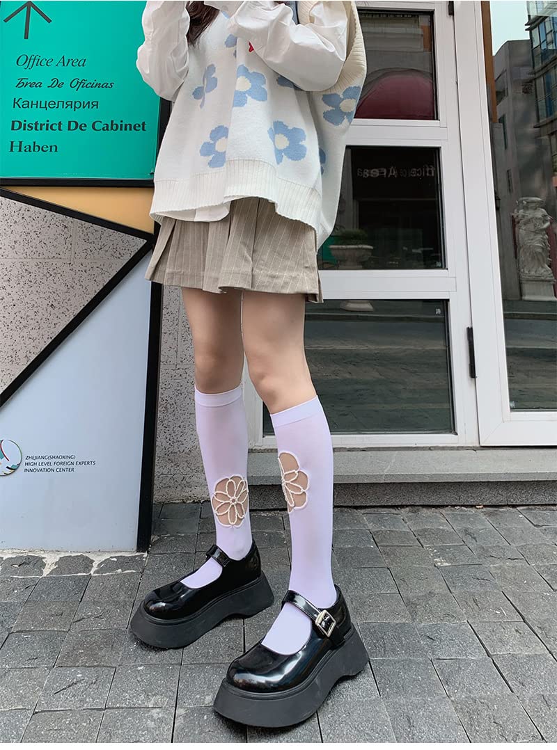Sahabowi White Pearl Flower Handcraft Calf Socks For Women, Nylon Silk High Knee Stockings, Elastic Stretch Thin(HS2023042407white, 1pair)